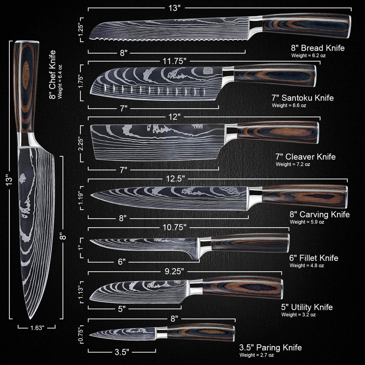Senken Knives Complete 8-Piece Japanese Kitchen Knife Set With Damascus ...
