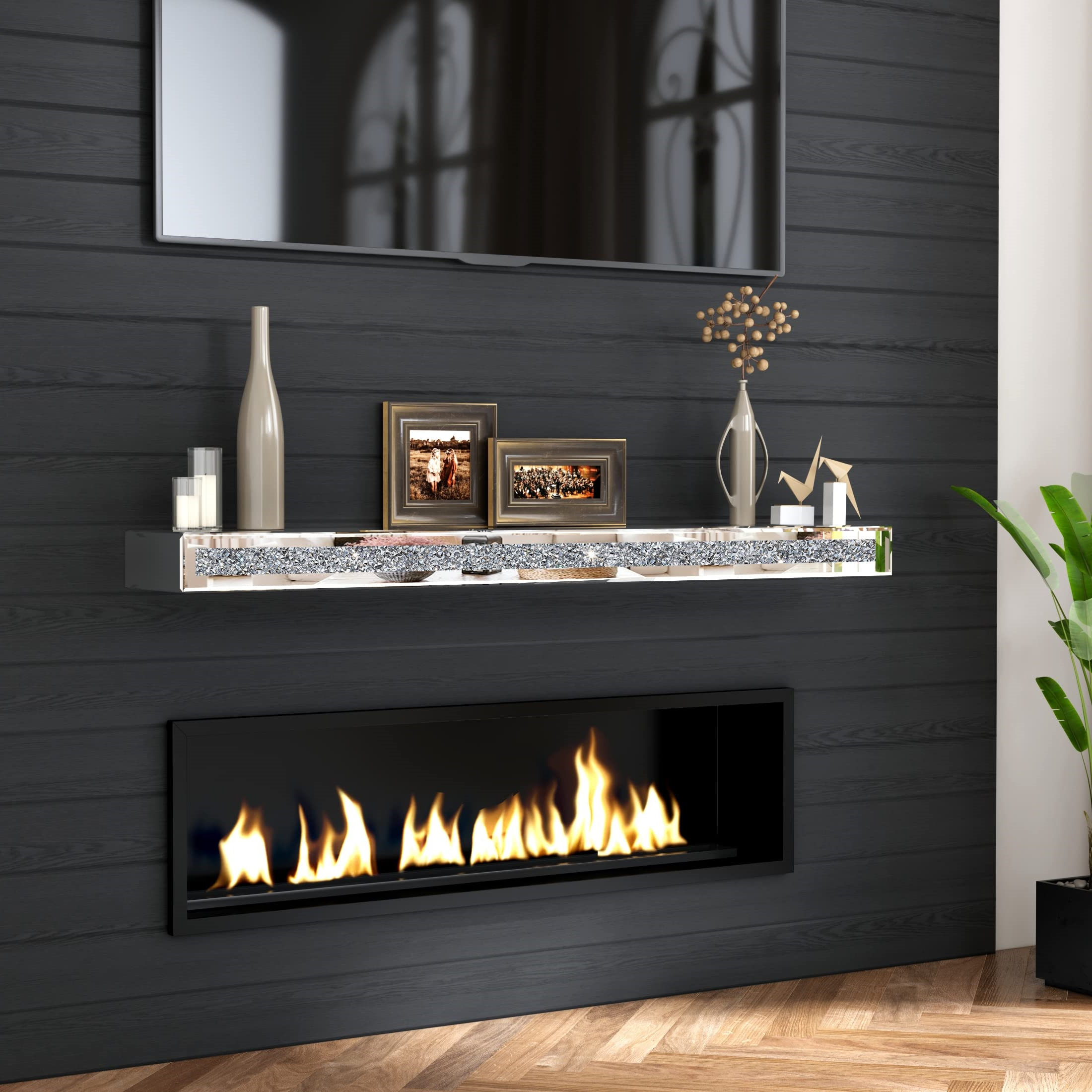 Everly Quinn Aldobrando Crystal Glass Fireplace Shelf Floating Mantel ...