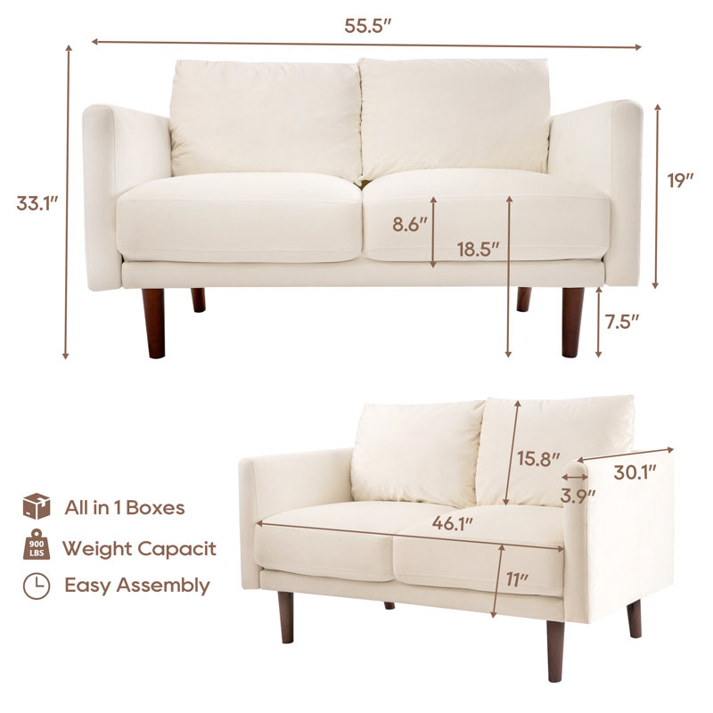 Ebern Designs Knapp 55.5" wide velvet round armrests and thick seat ...