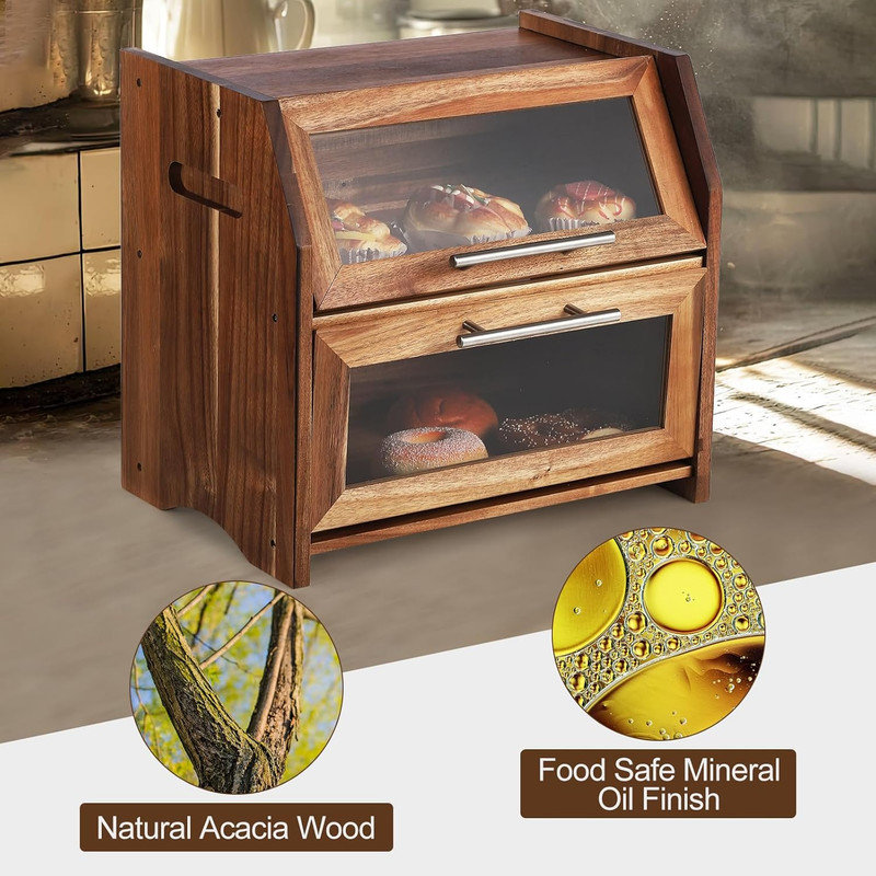 Loon Peak® Bread Box, Double Layer Acacia Wooden Bread Bin with Clear ...