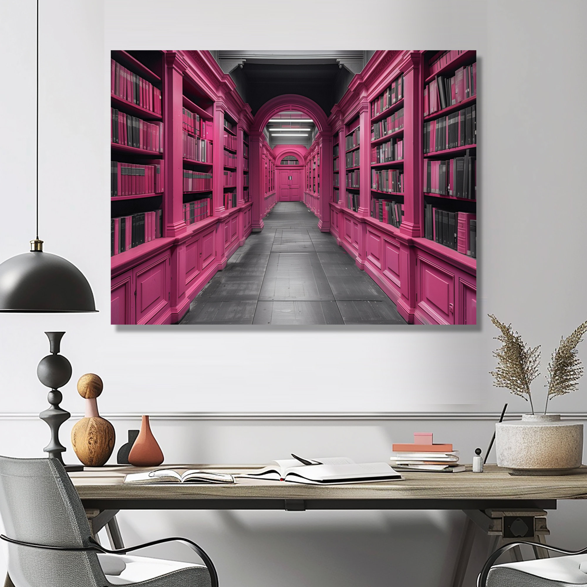 Design Art Pink Grey Library Bookshelf Perspective II - Libraries Wall ...