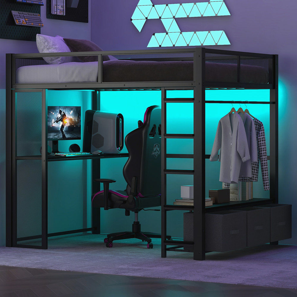 Ivy Bronx Metal Gaming Loft Bed with LED, Desk, Open Wardrobe and 3 ...