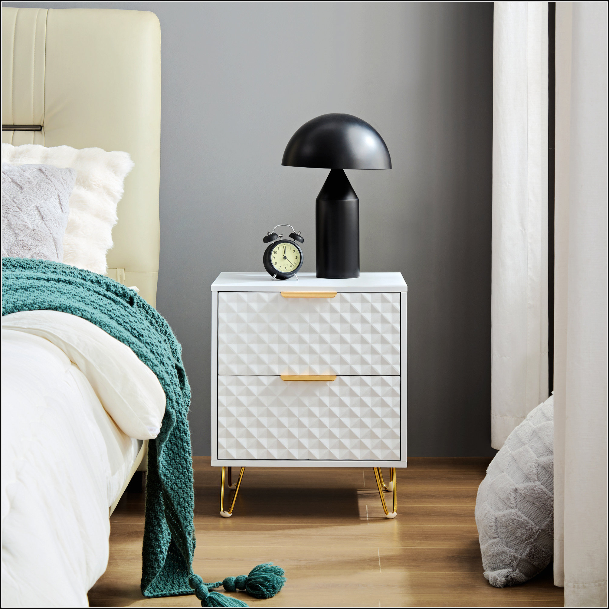 Mercer41 Luxury Carving Board 2-Drawer Night Stand Bed Side Table With Metal Legs | Wayfair