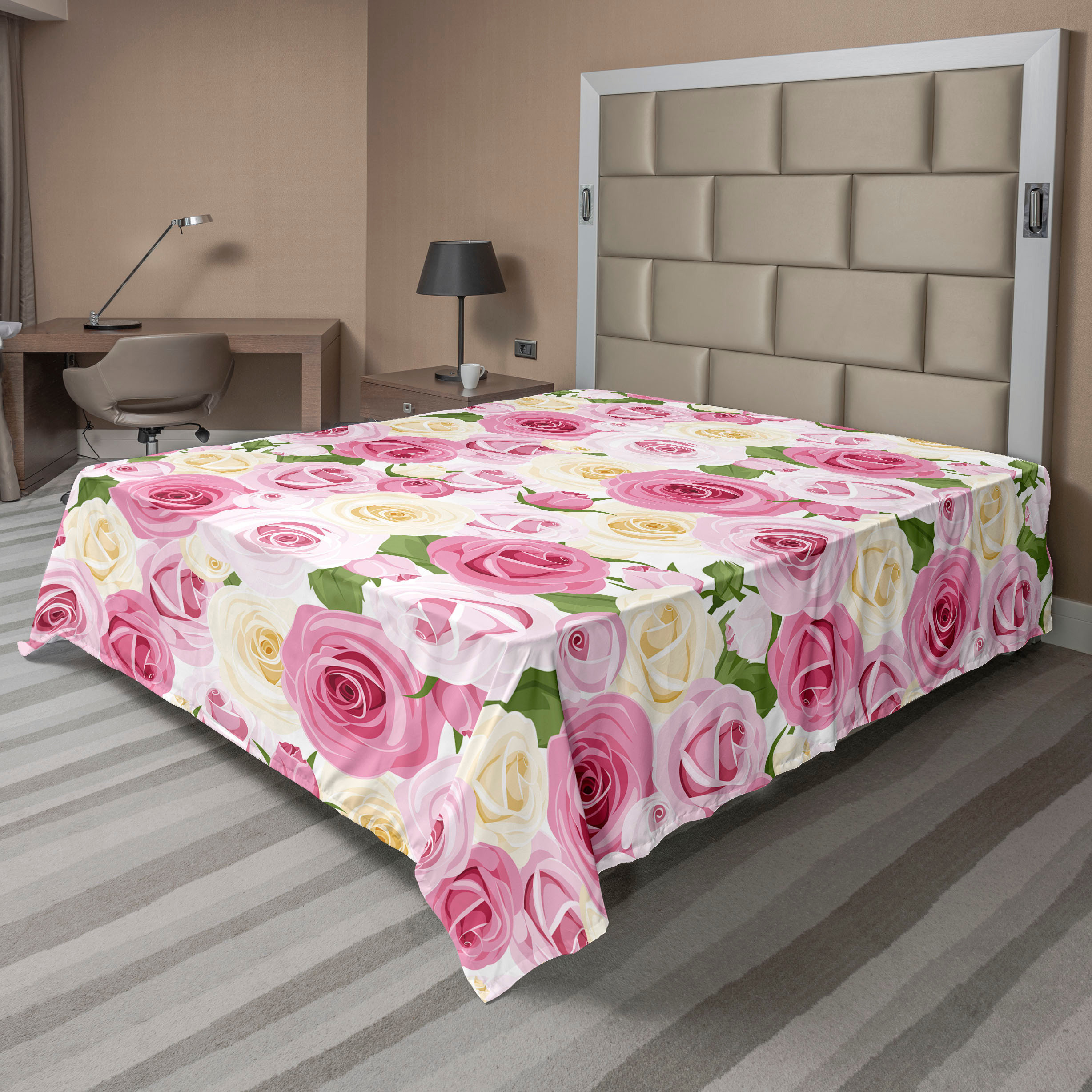 Ambesonne Retro Flat Sheet Roses Leaves Vintage Plot Pale Pink Reseda ...
