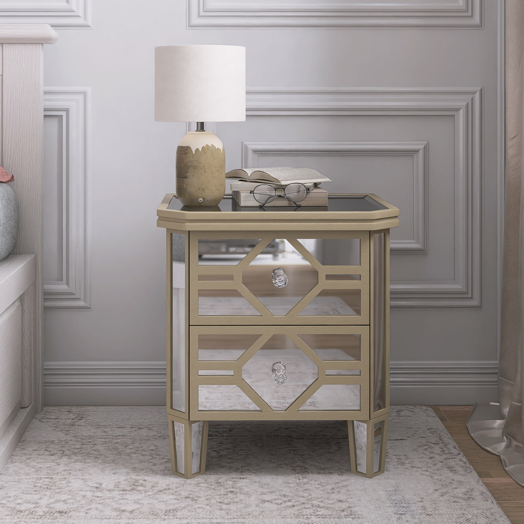 Staykiwi Glass Nightstand Mirrored Side Table with 2-Drawer | Wayfair