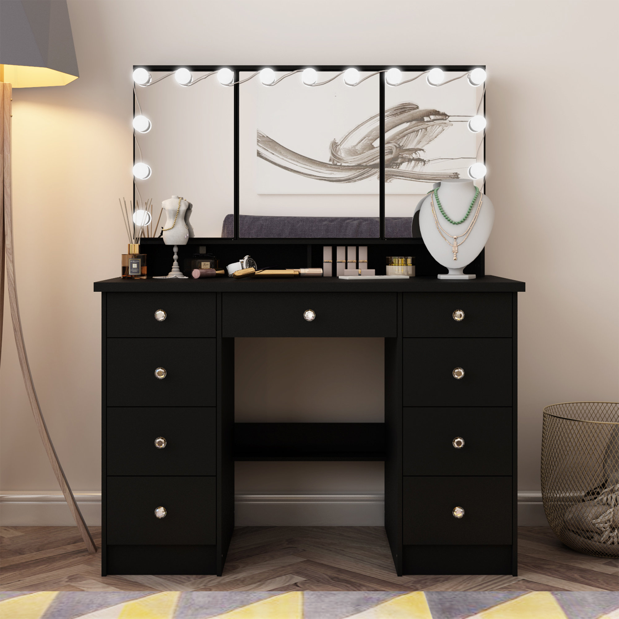 Lark Manor™ Light Bulb Tri-Fold Mirror Vanity With 9 Drawers | Wayfair