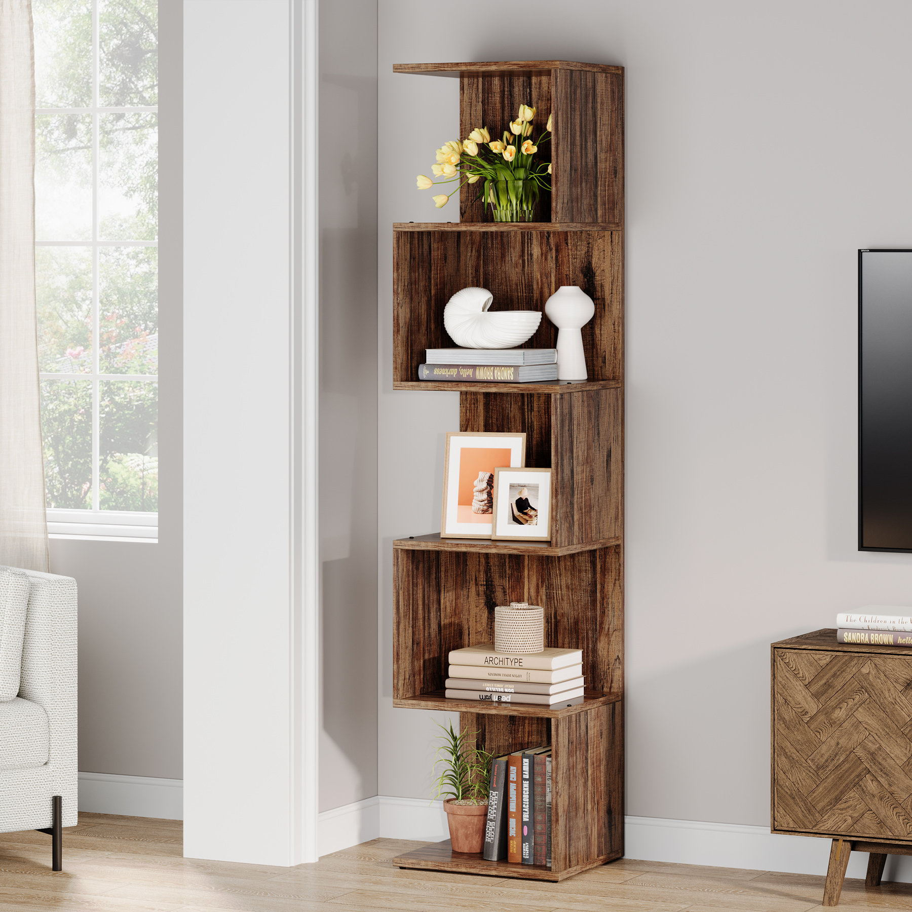 Millwood Pines 5-Tier Tall Narrow Corner Bookshelf | Wayfair