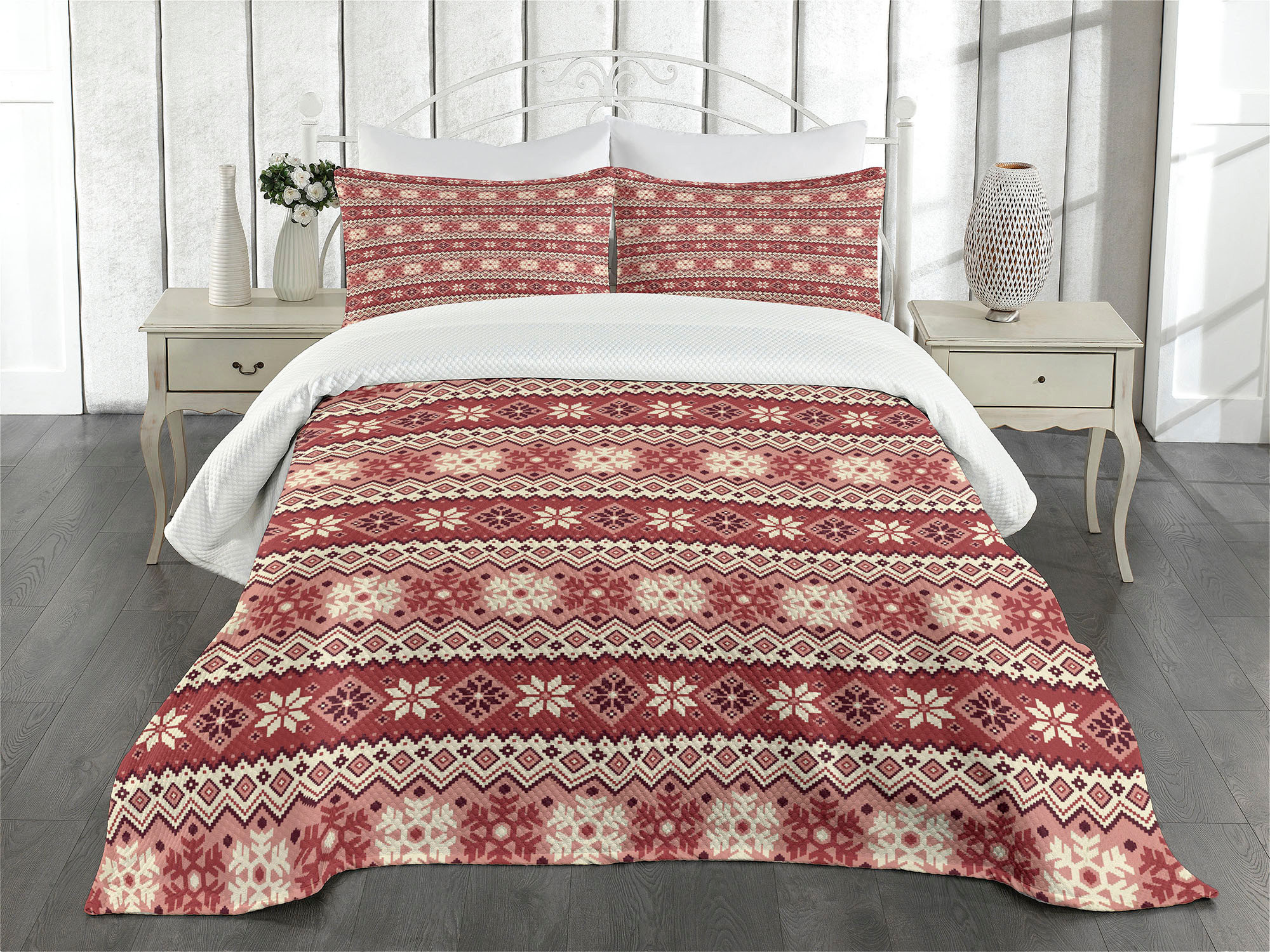 Ambesonne Nordic Bedspread Set Scandinavian Snow Pattern Dark Coral ...