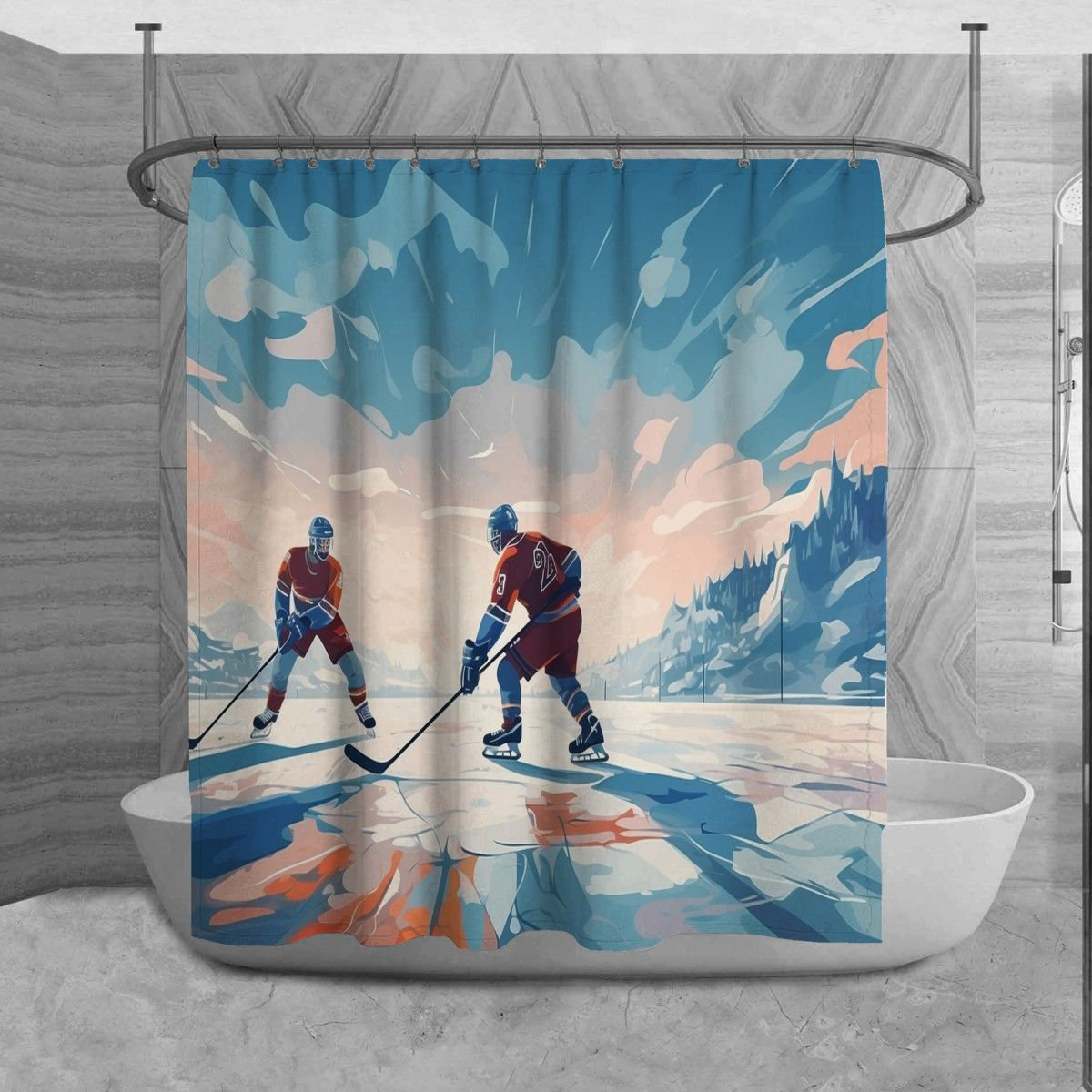 East Urban Home Hockey Shower Curtain Sports Bath Mat Blue Bathroom ...