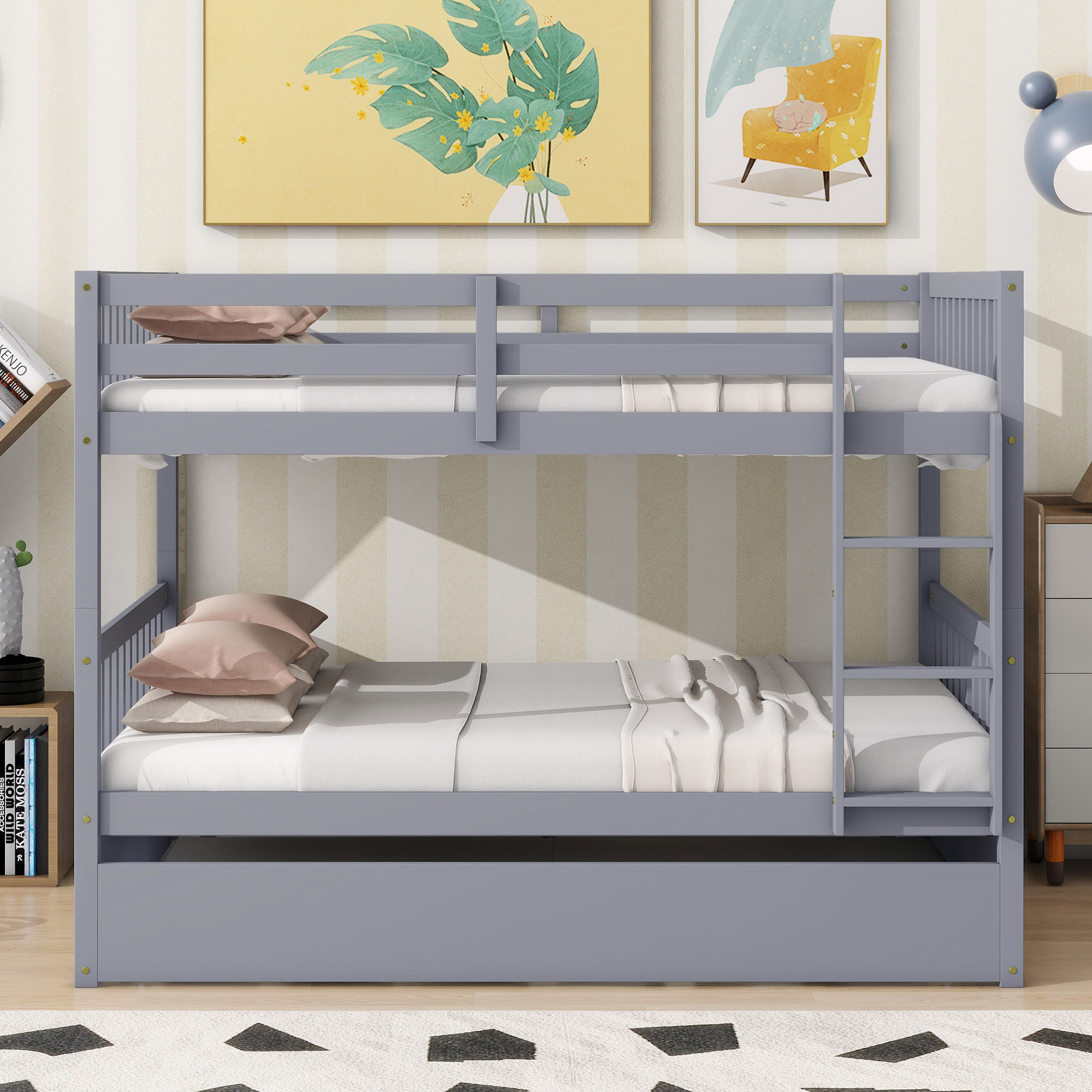 Harriet Bee Full Over Full Rubber Wood Bunk Bed with Trundle, Ladder ...