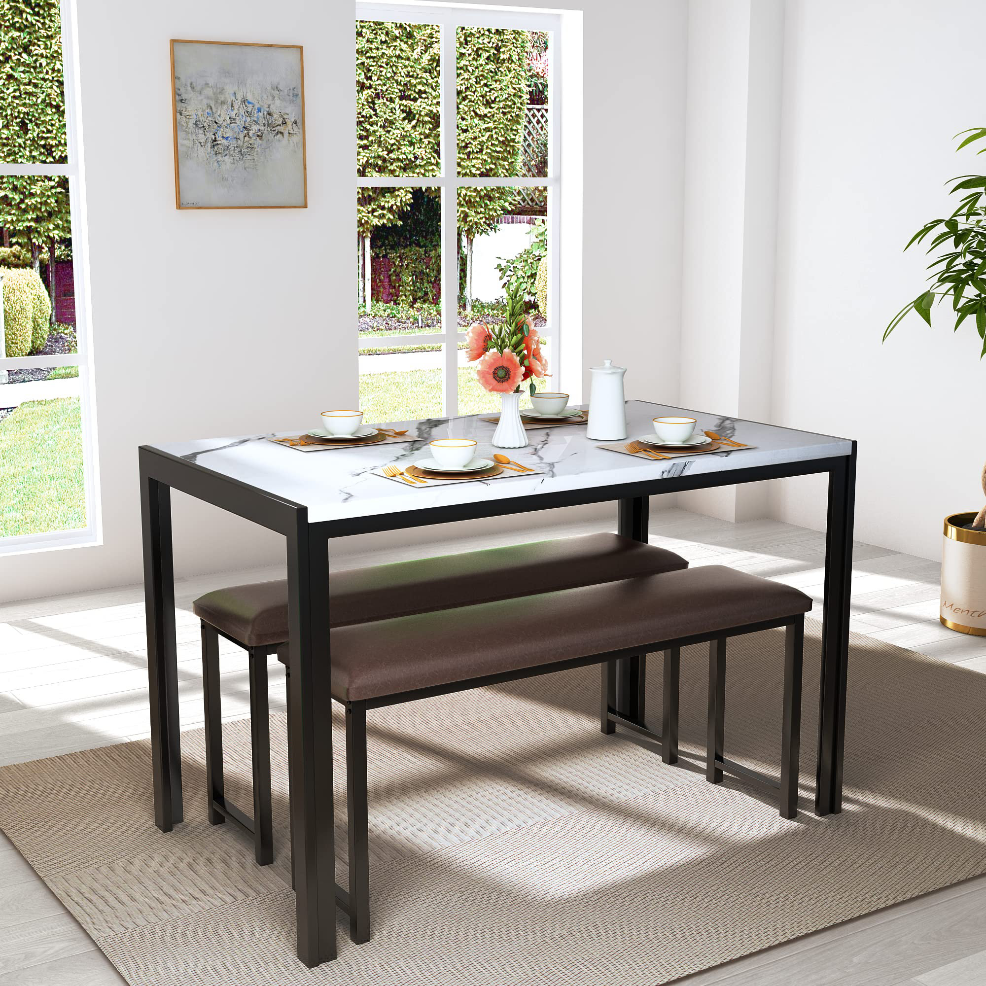Wrought Studio™ 3-Piece Dining Table Set with Faux Marble Table | Wayfair