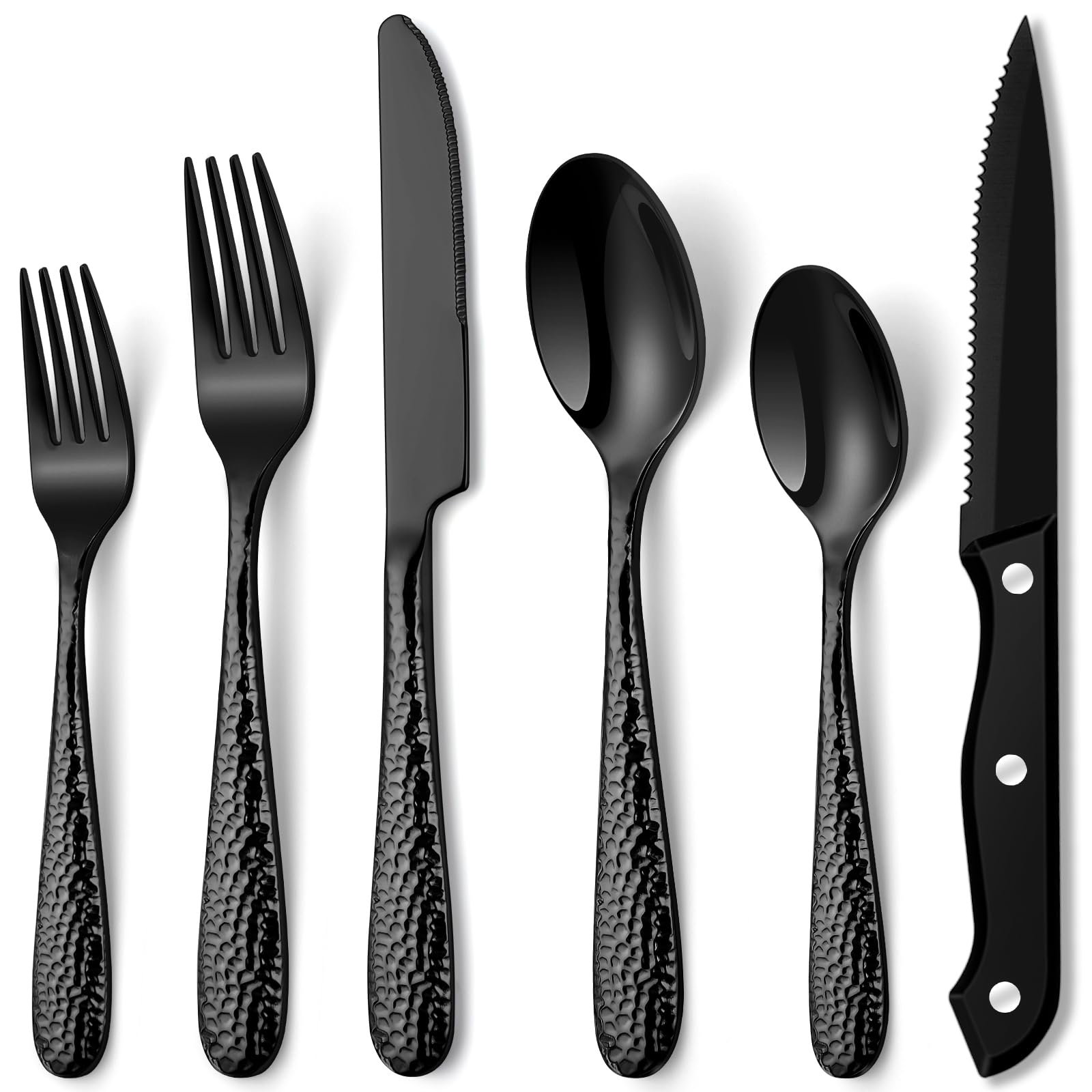 Orren Ellis 48-Piece Black Stainless Steel Silverware Set - Heavy Duty ...