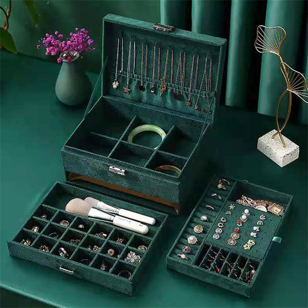 Everly Quinn 3-Layer Dark Green Flannel Ring Necklace Jewelry Box with ...