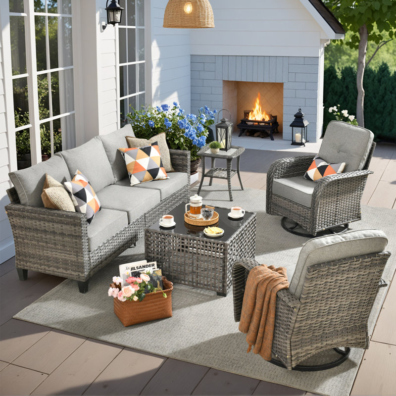 Lark Manor™ 5 Piece Outdoor Wicker Swivel Rocking Chairs With Solar ...