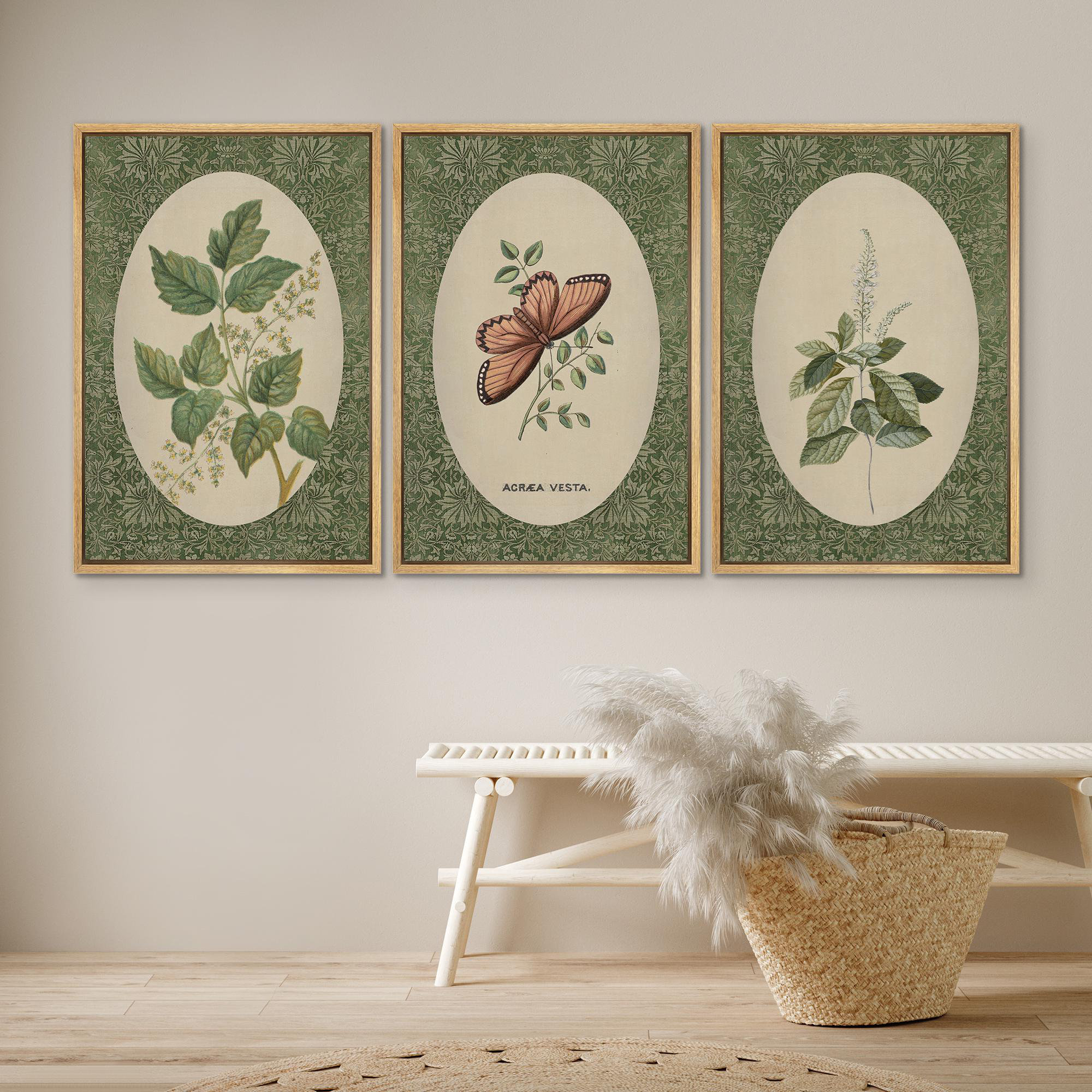 IDEA4WALL Classical Vintage Botanical and Butterfly Artwork, Green Leaf ...