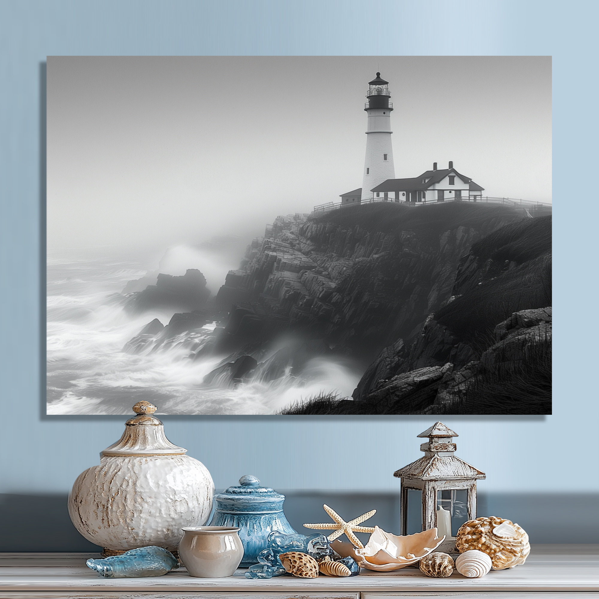Breakwater Bay Monochrome Lighthouse Winter Fog Cliff II - Lighthouses ...