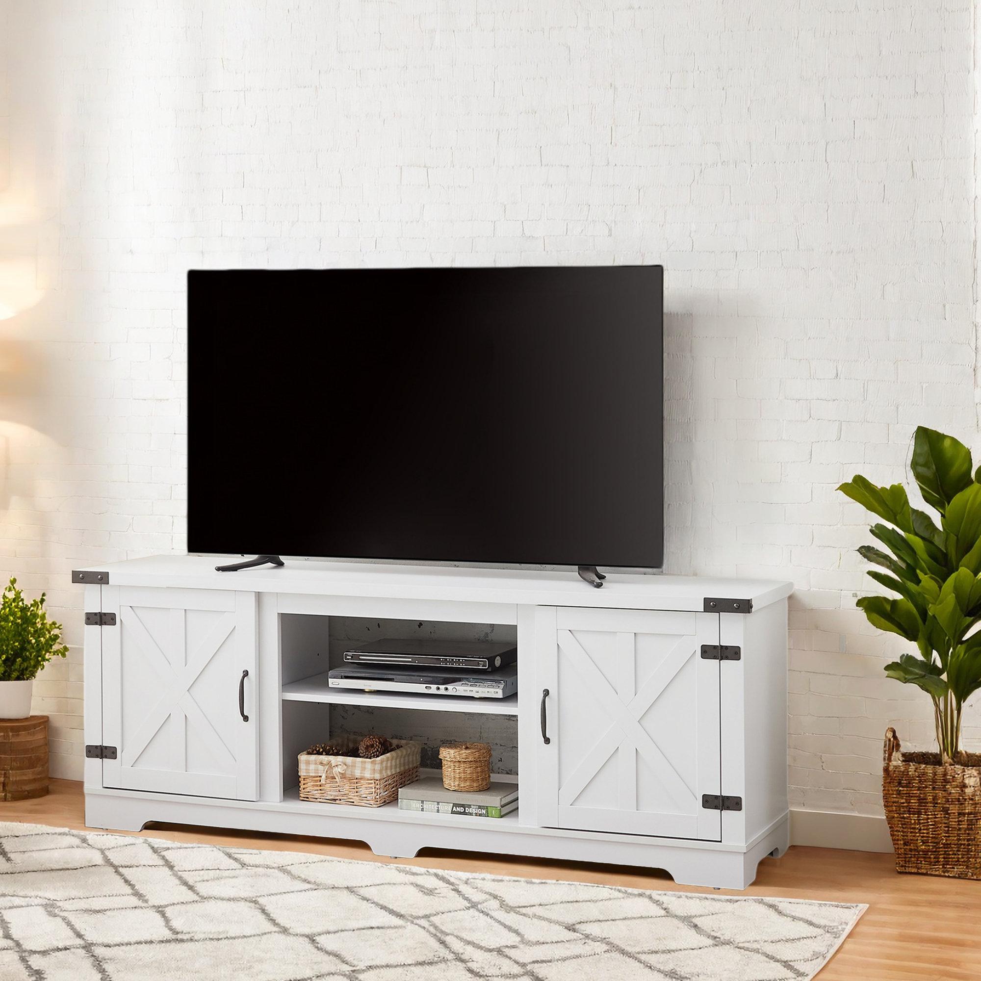 Gracie Oaks White TV Console - Large Farmhouse Entertainment Stand With ...