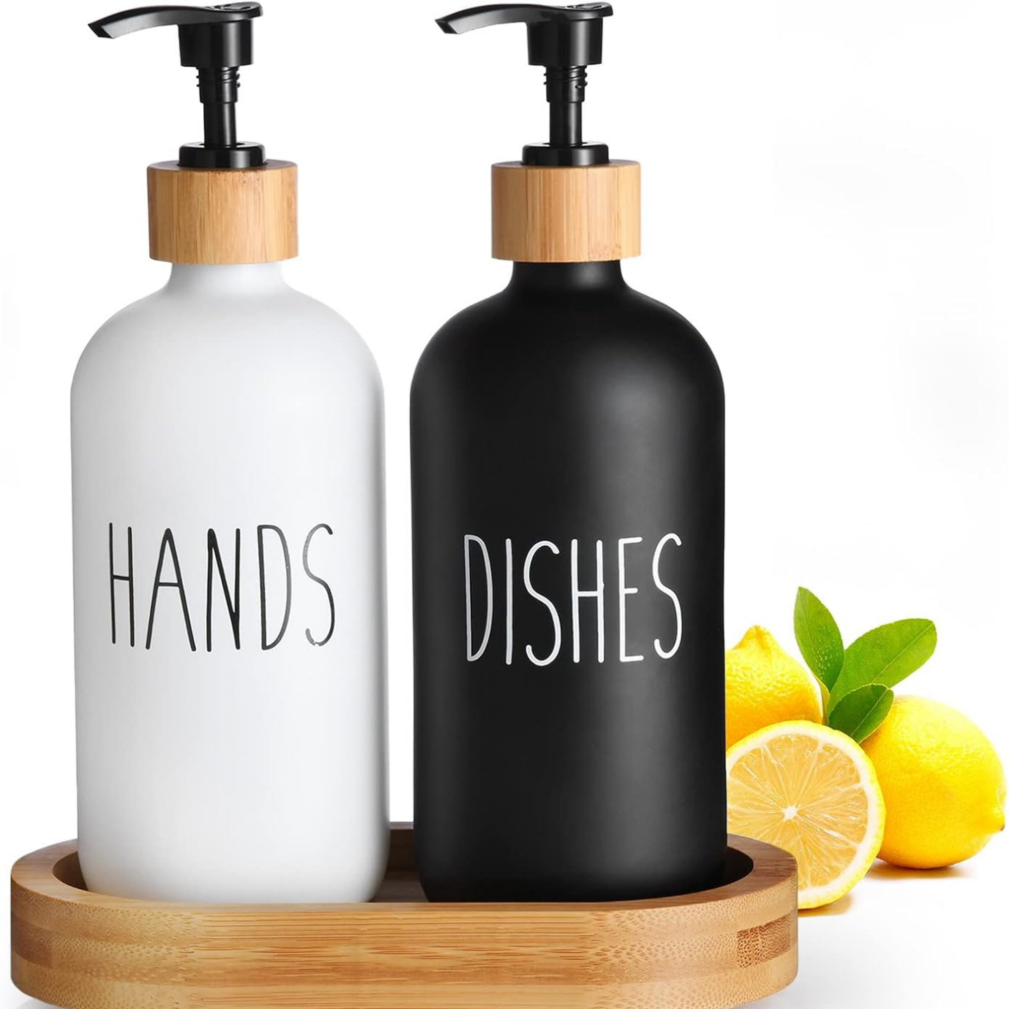 Ivy Bronx Hand And Dish Soap Dispenser Set With Bamboo Tray Modern ...