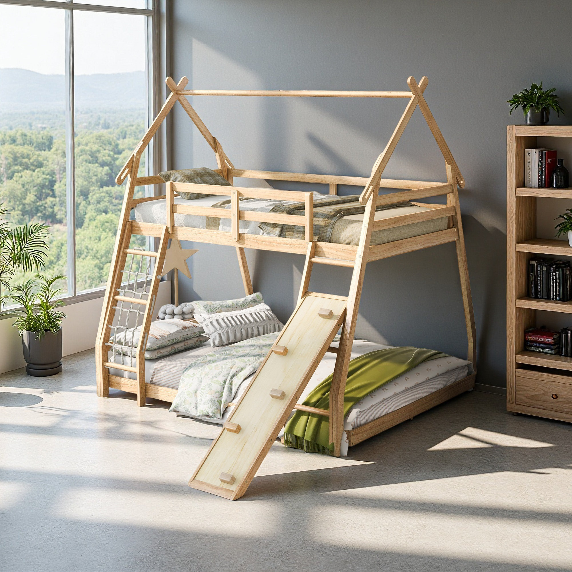 Harper Orchard Twin Over Queen House Bunk Bed With Climbing Nets And ...