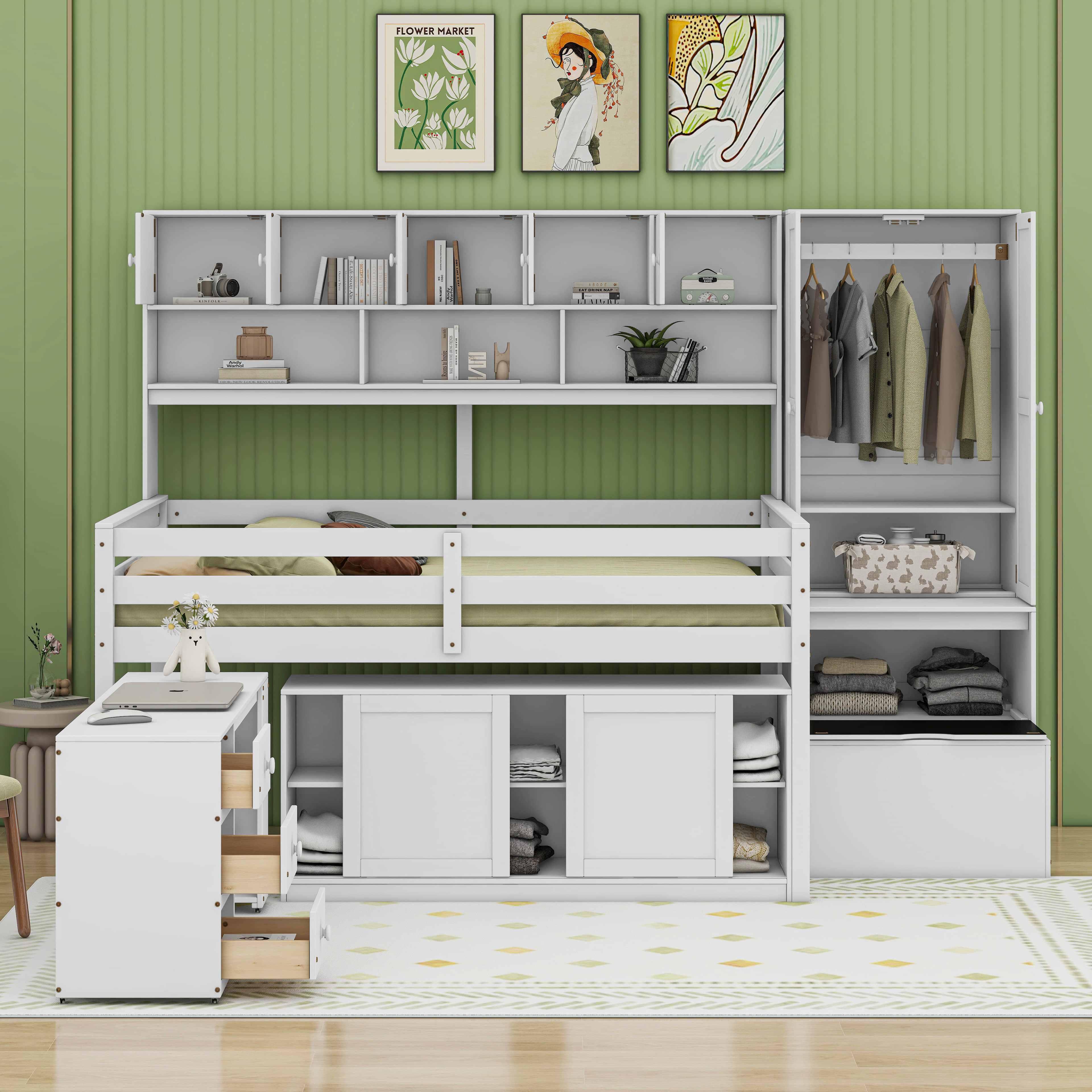 Cosmic Wooden Loft Bed Big Storage with Under-bed Desk, Drawers and ...