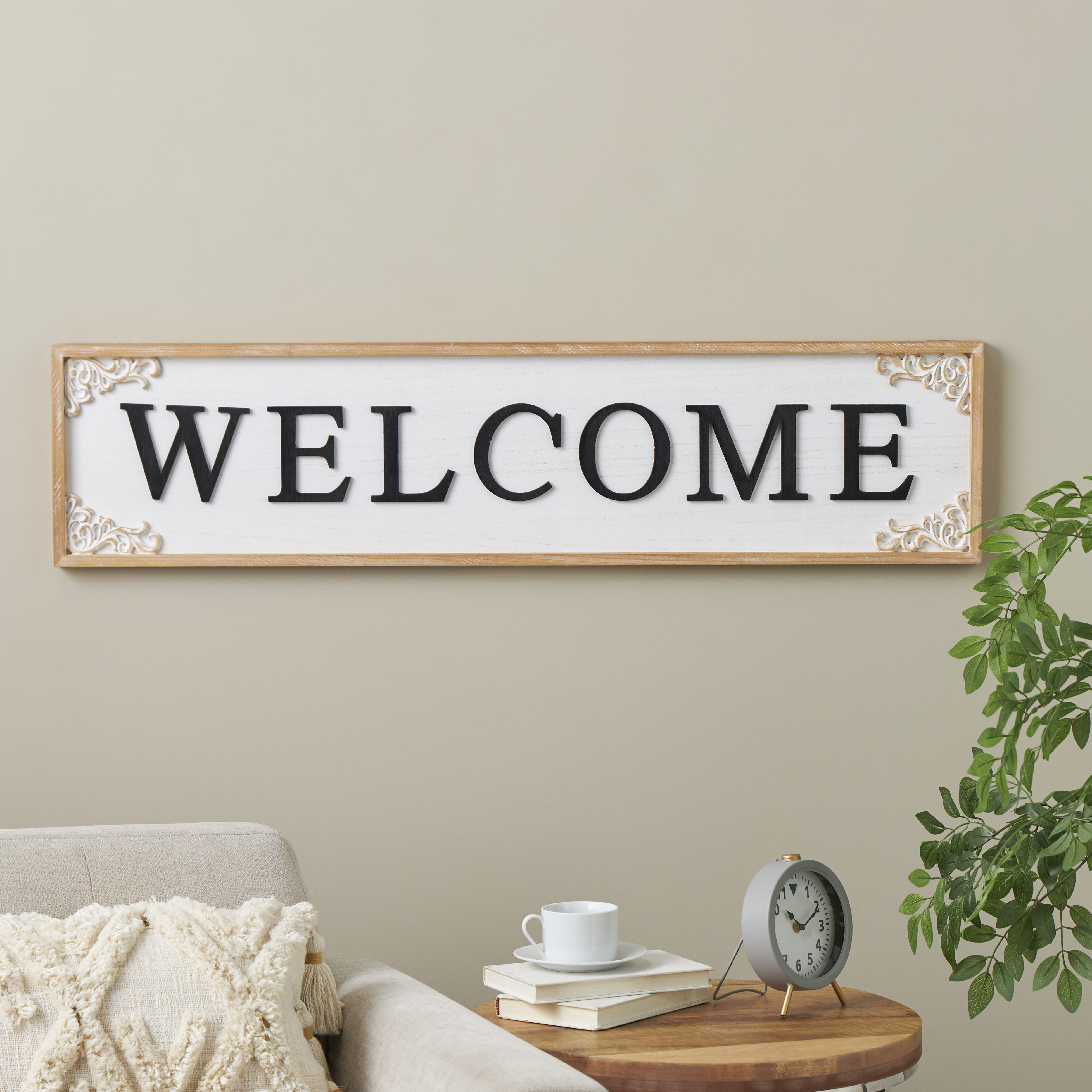 Gracie Oaks Wooden Welcome Sign White Wall Decor with Scroll Details ...