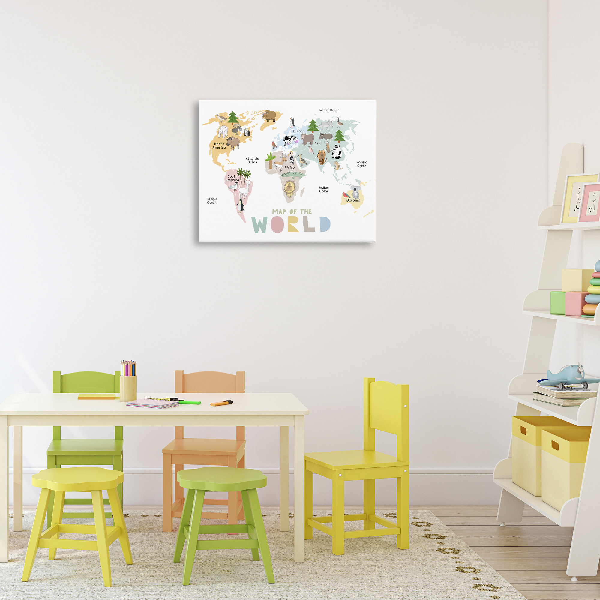 Dakota Fields Map Of World Pastel Animals Canvas, design by Carla Daly ...