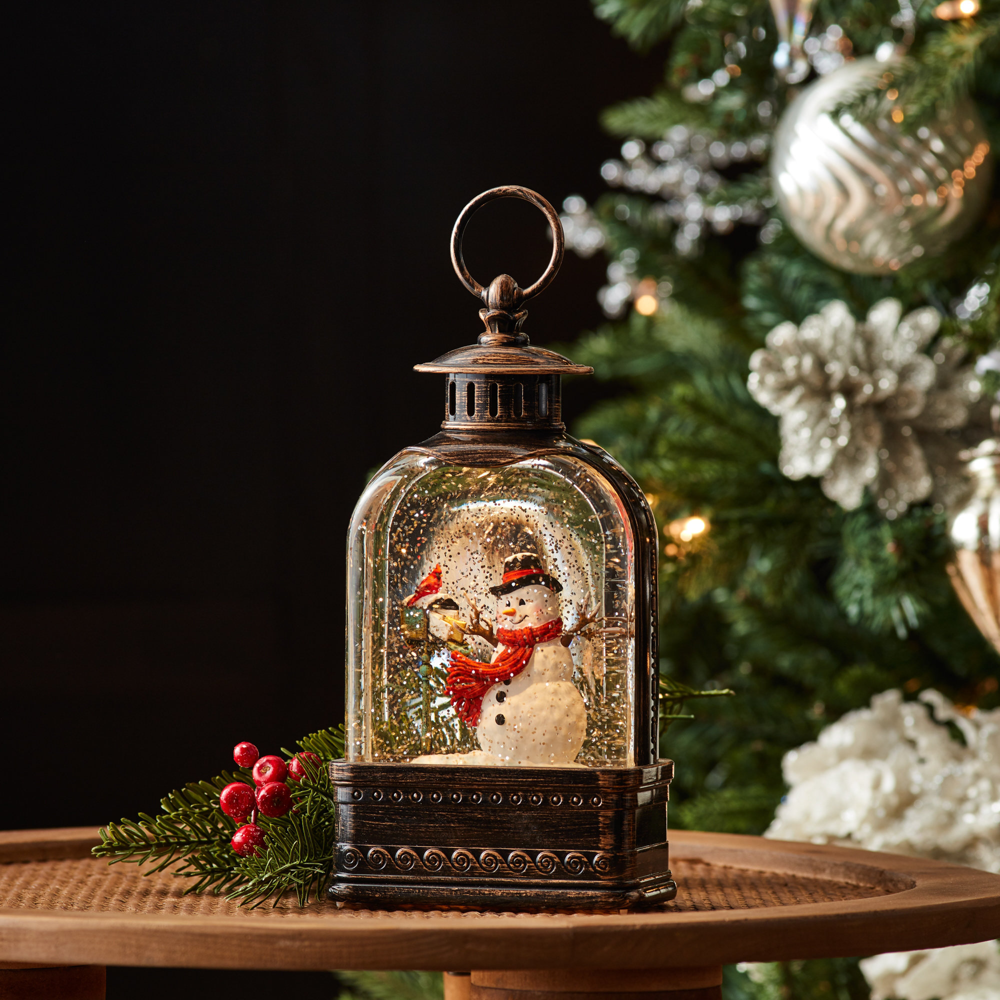 The Holiday Aisle® LED Snow Globe with Snowman and Cardinals 9.75"H ...