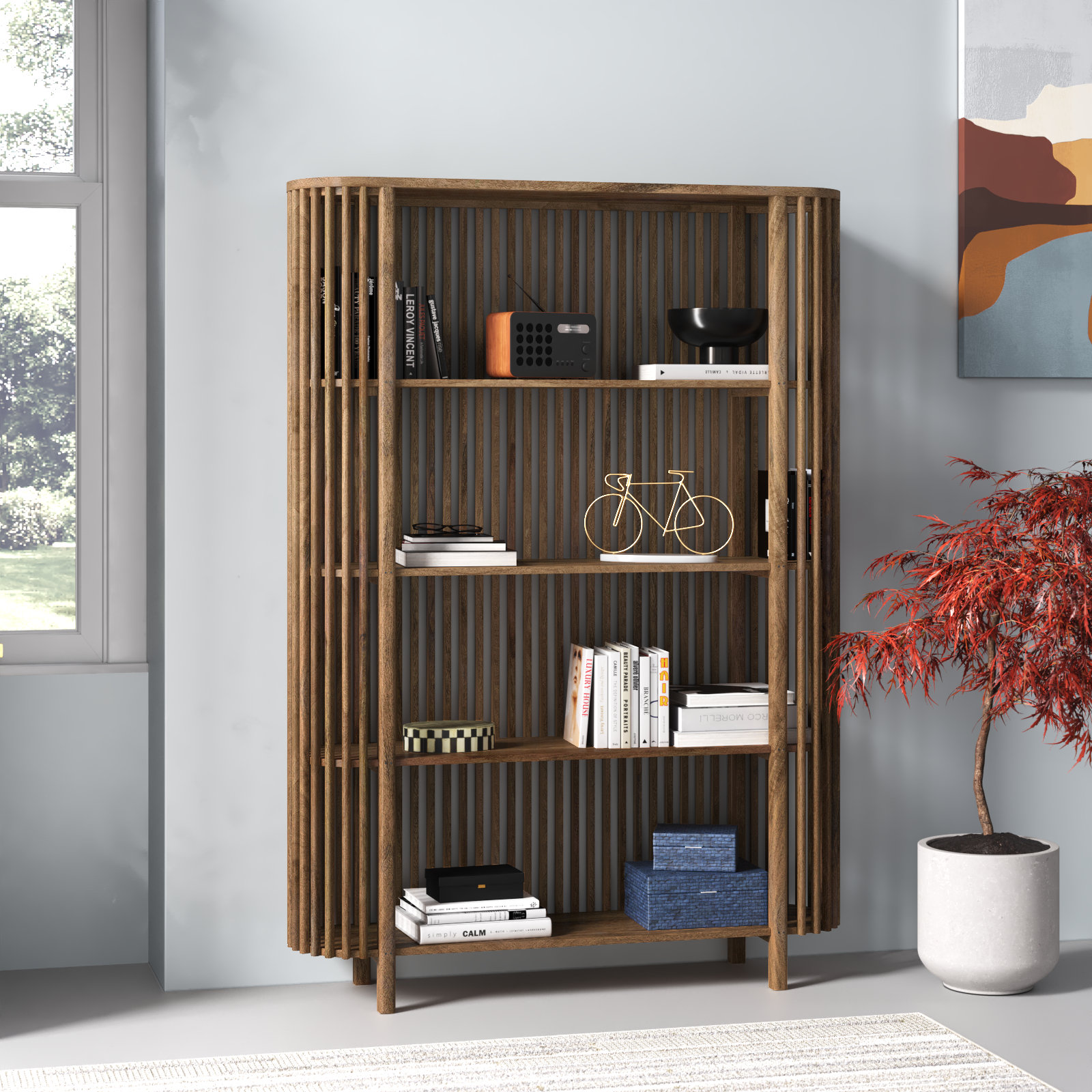Rowena Interiors Mango Wood Slatted Bookcase with 4 Shelves, Natural ...
