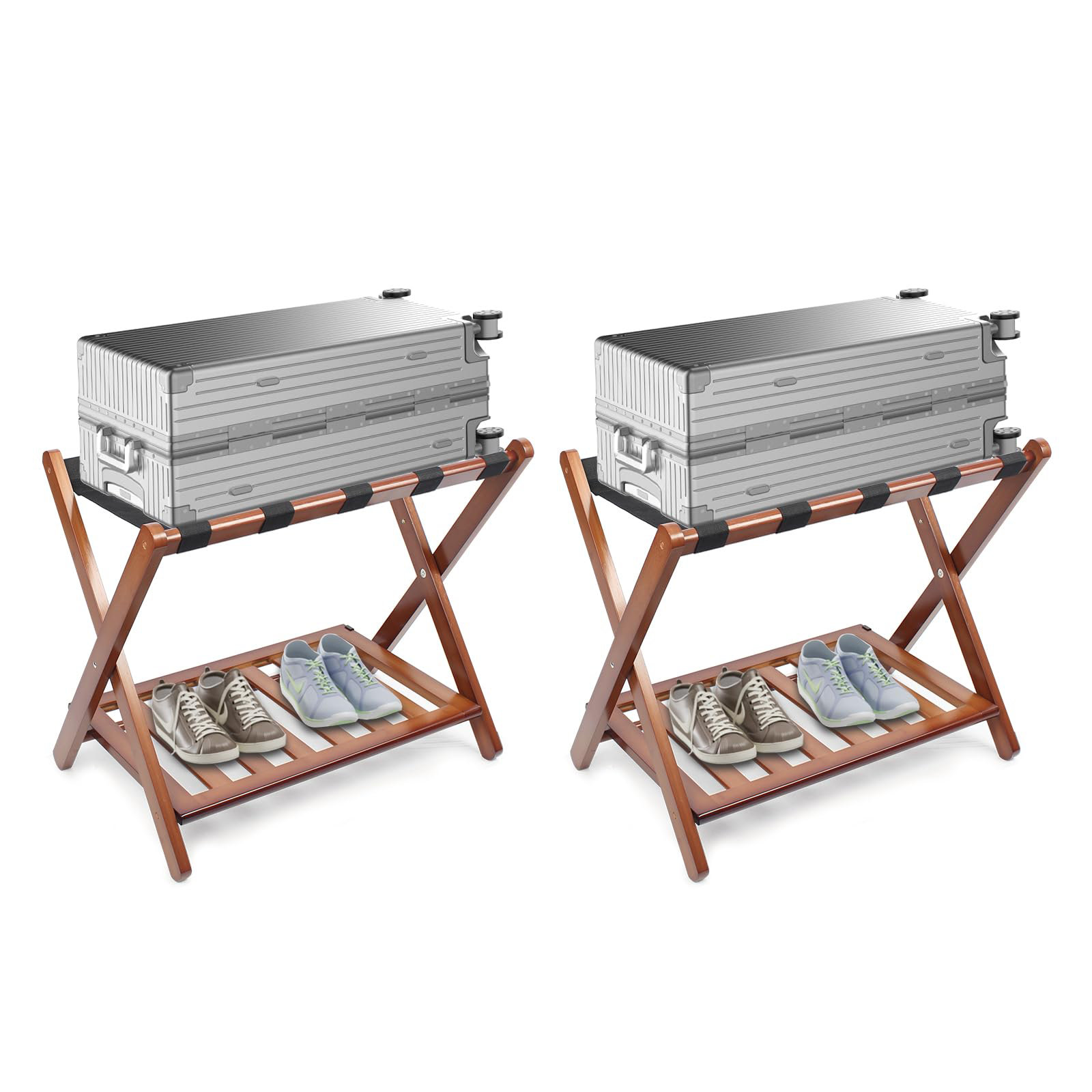 COAHAHA Walnut Bamboo Luggage Racks With Shelf And Straps, Foldable ...