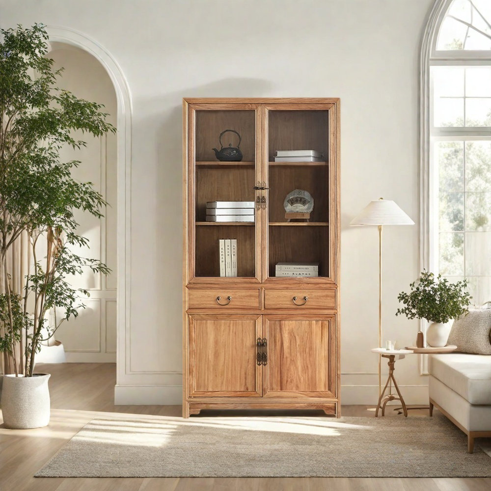 Parttlion New Chinese style solid wood bookcase glass door | Wayfair