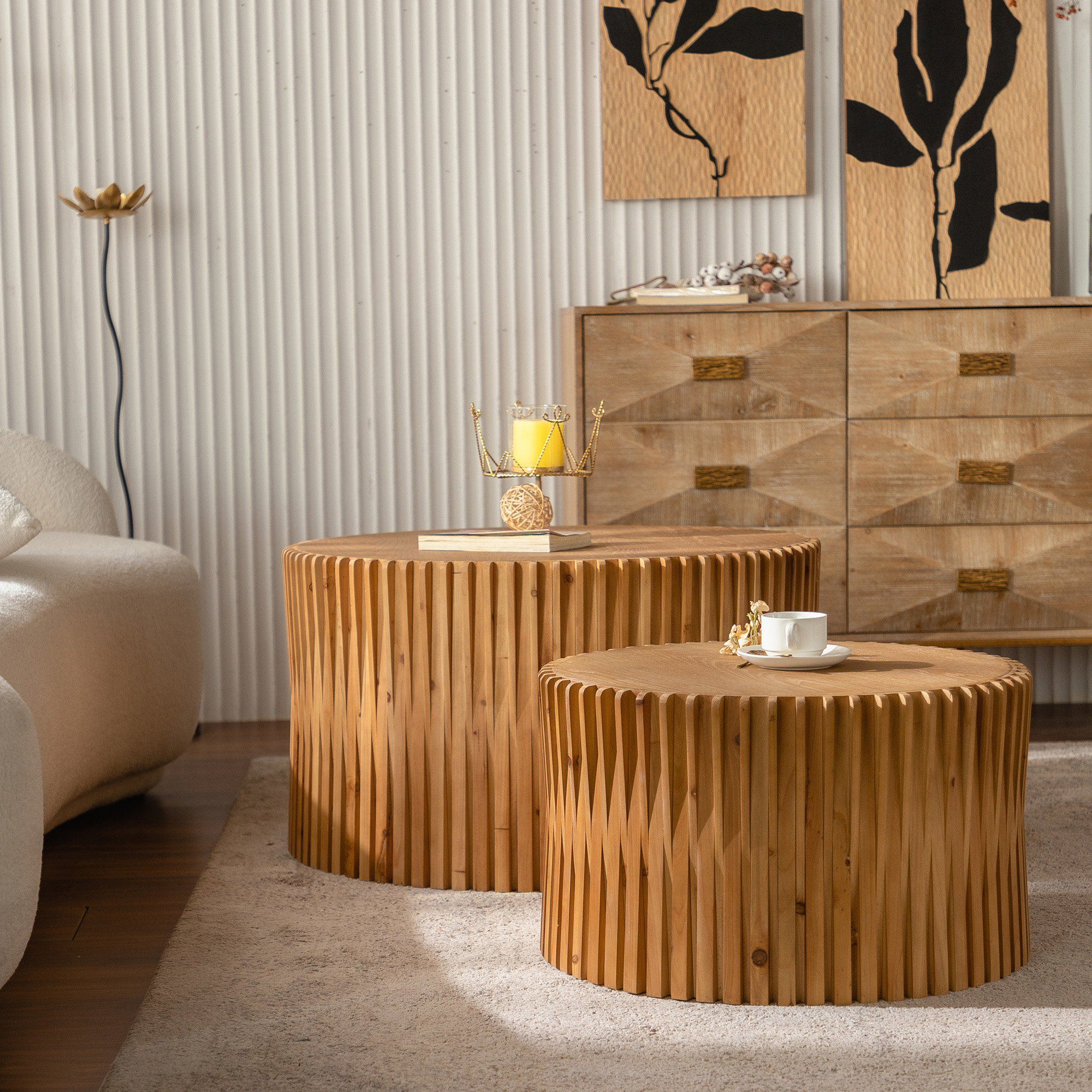 Loon Peak Cylindrical Nesting Coffee Table Set With Vertical Textured ...