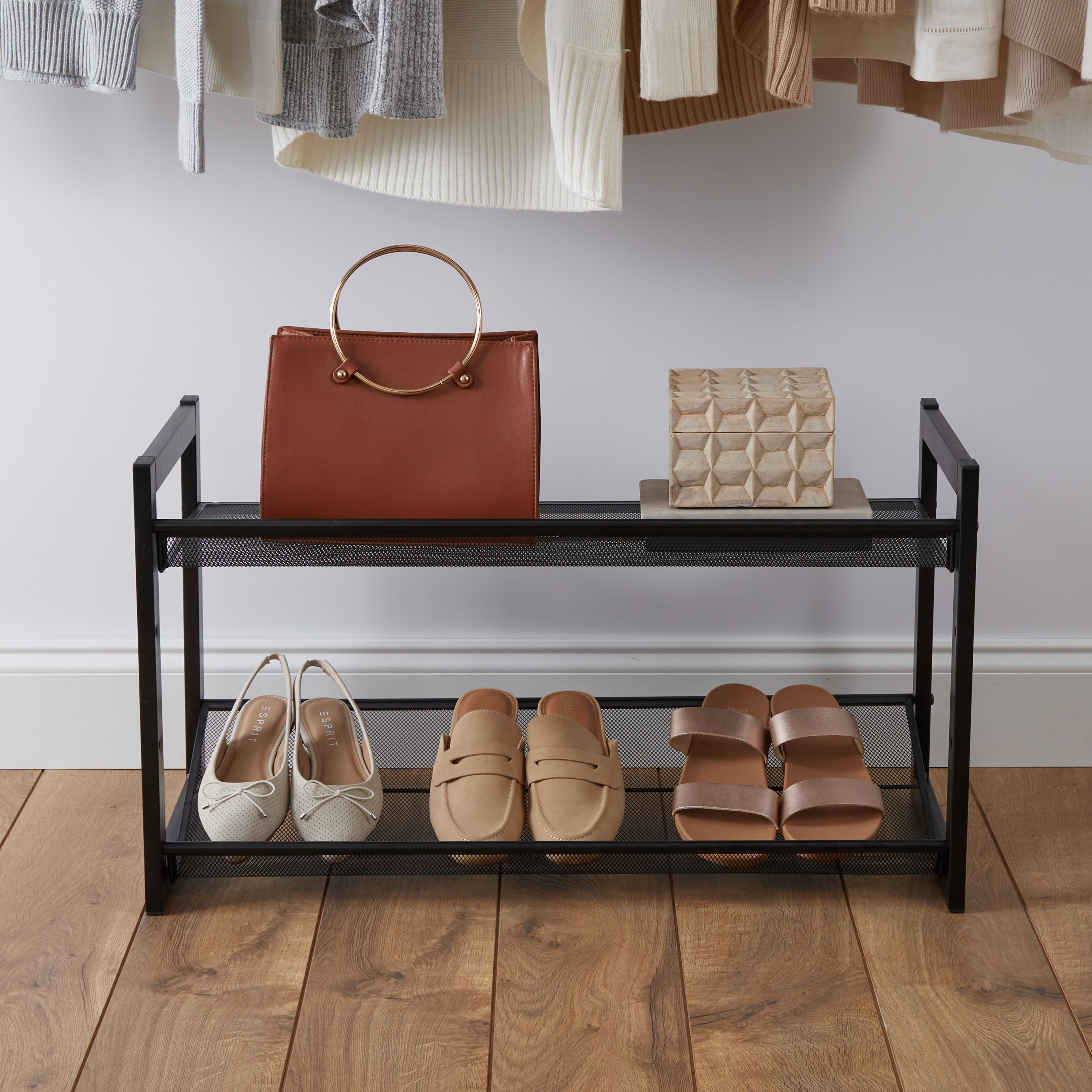 17 Stories 2 Tier Adjustable Mesh Shoe Rack in Black | Wayfair