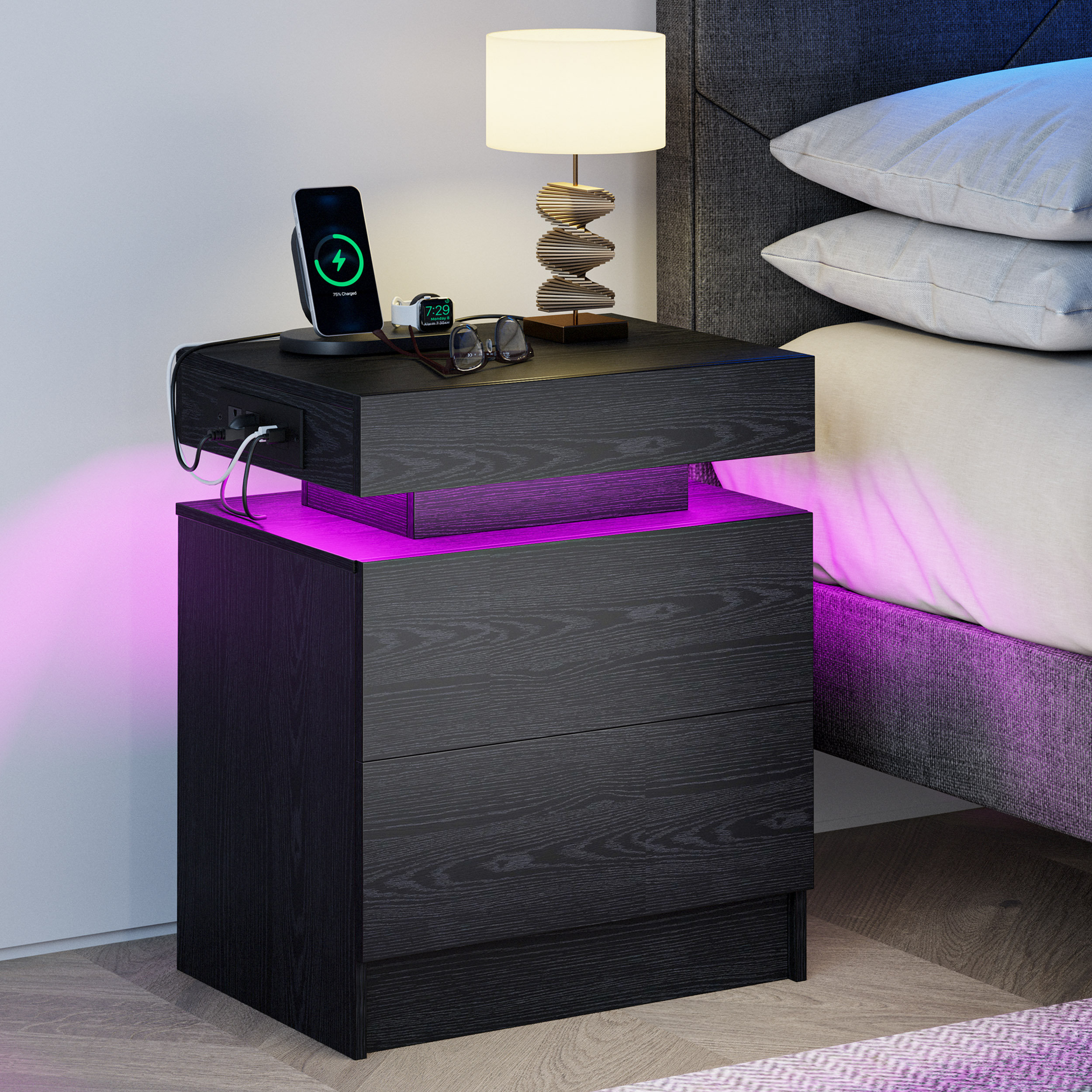 Ivy Bronx Westerly Modern Style Wooden Nightstand with LED Light and ...