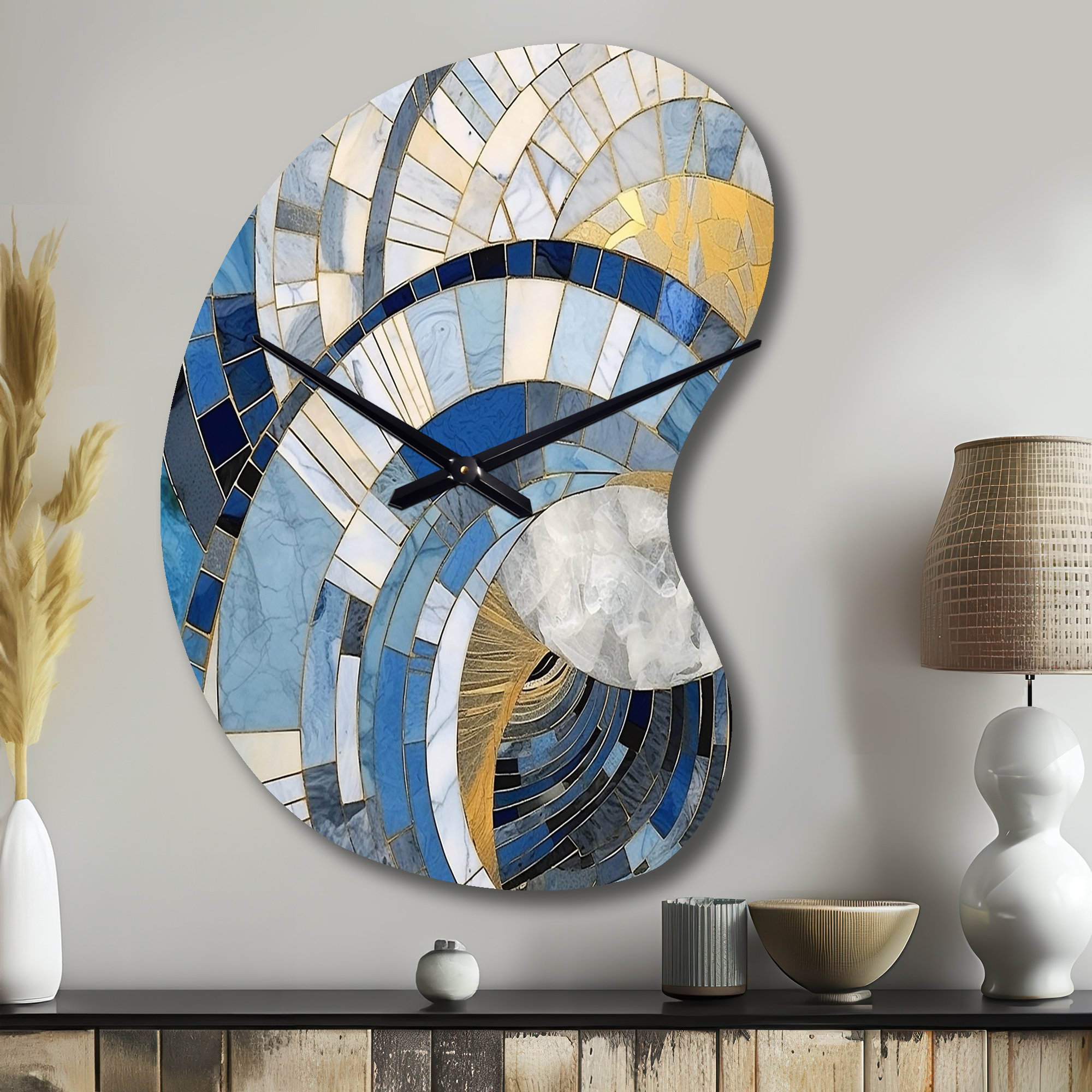 Design Art Gold Constructing Blue Realms I - Boom Shape Blue Wall Clock ...