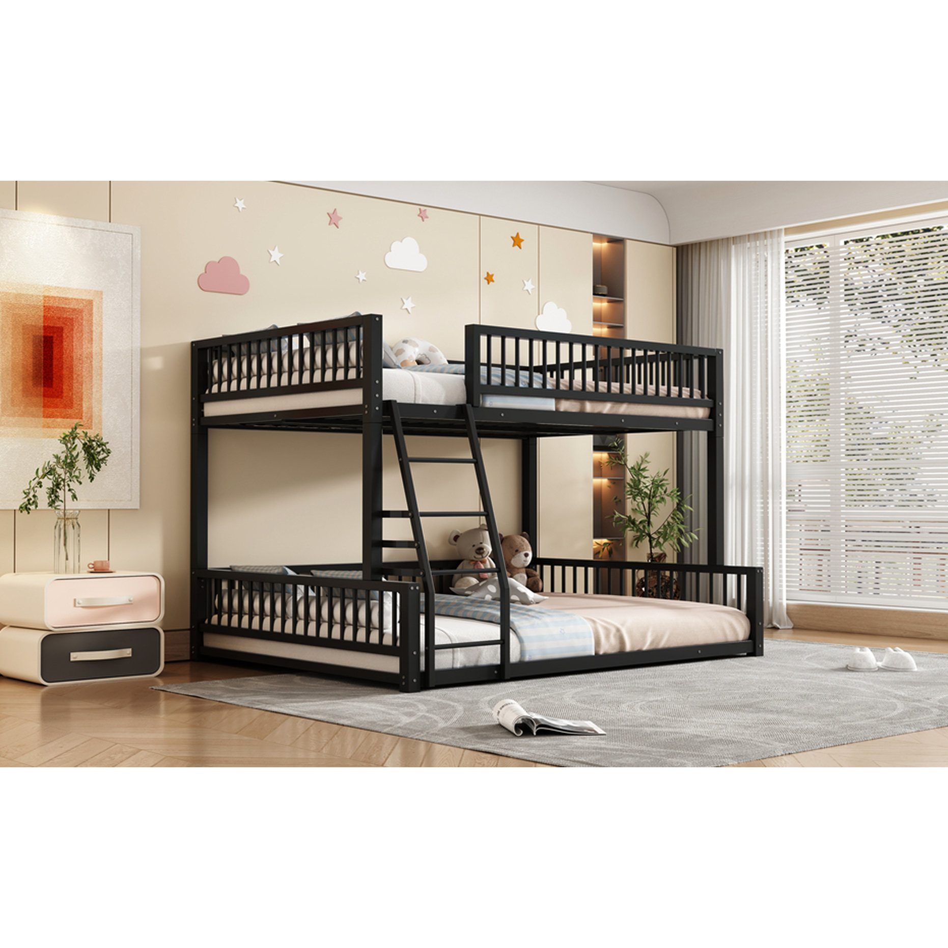Ivy Bronx Full Xl Over Queen Bunk Bed With And Guardrails, Heavy Duty ...