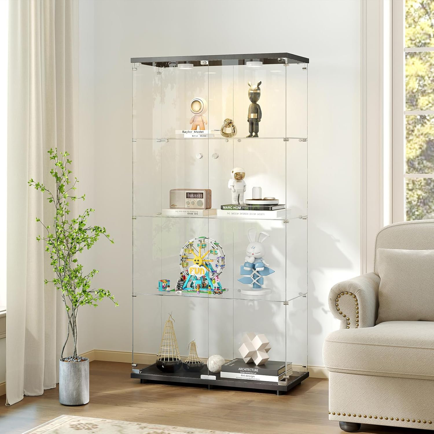 LIZEVINC 31" Wide Black Display Cabinet - Remote LED Lights, Security ...