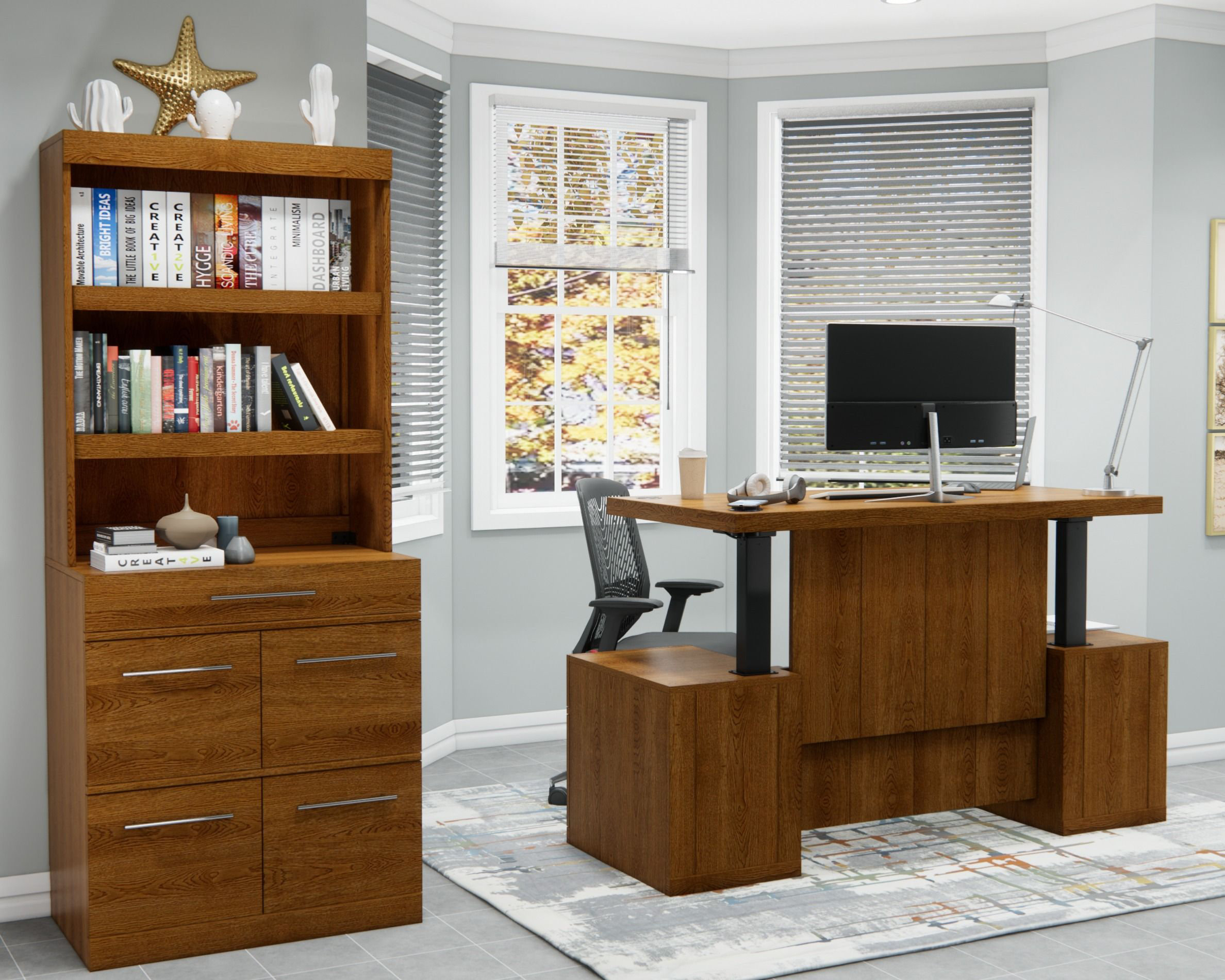 Hokku Designs Juny Sit-Stand Storage Desk with File Drawer Bookcase ...