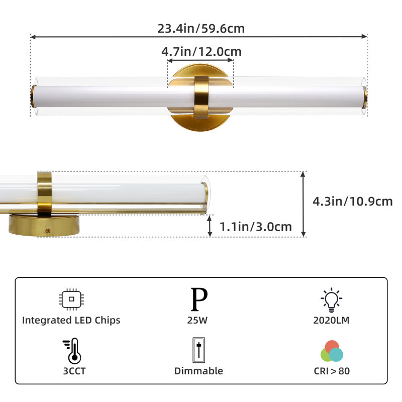 Mercer41 24'' Integrated Dimmable LED Bathroom Vanity Light with 3 ...