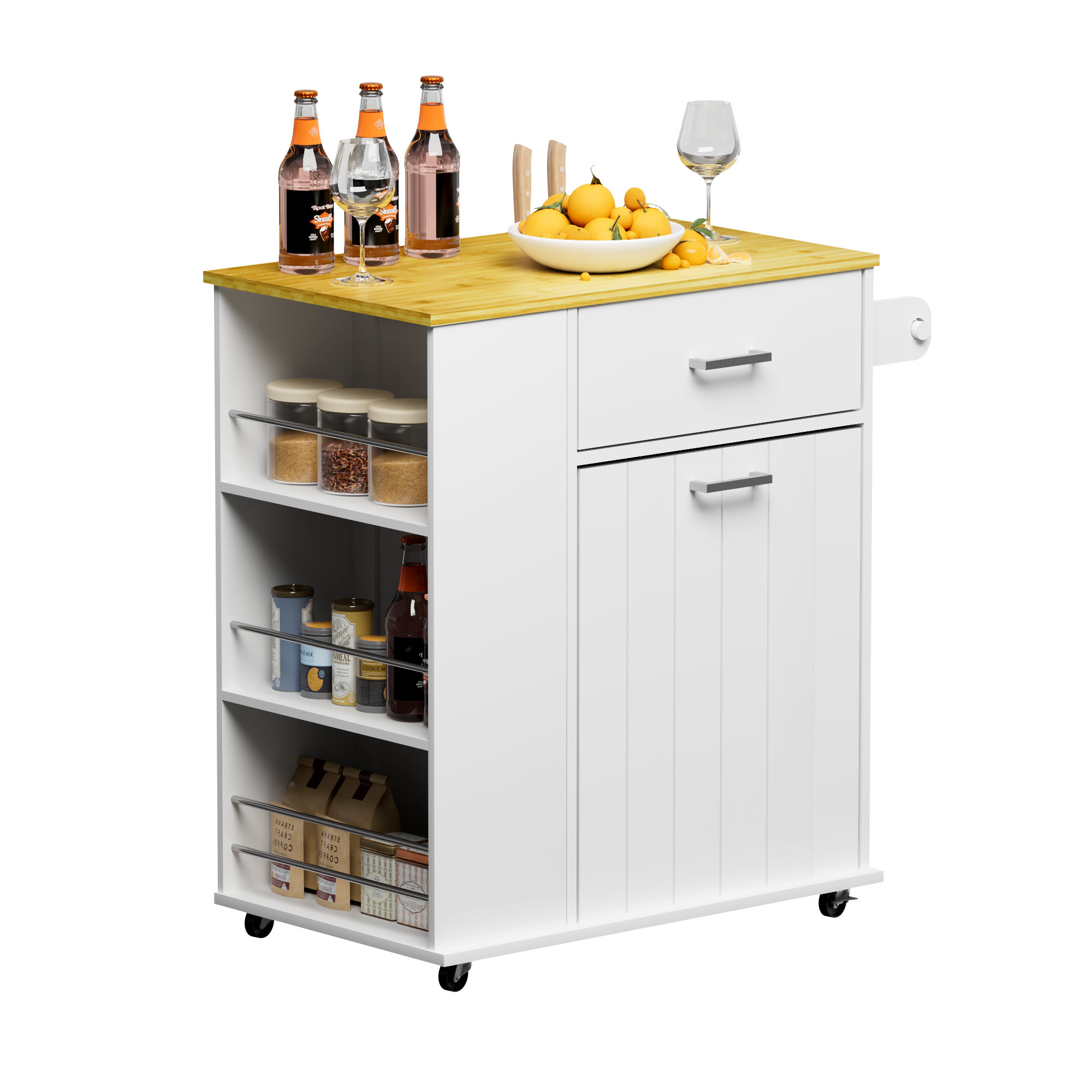 Ebern Designs Kitchen Rolling Kitchen Island Cart with Pull-Out Trash ...