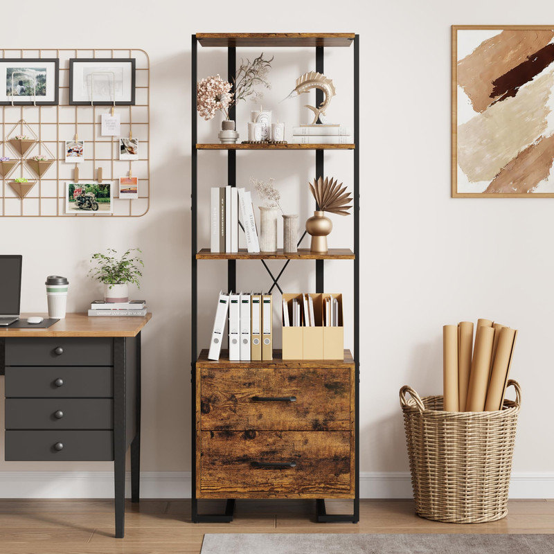 17 Stories 4 Tier Bookshelf with Storage Drawers,70.9 Inch Tall ...