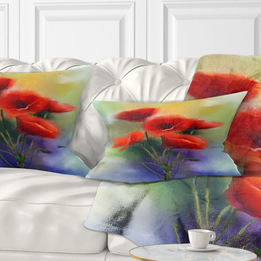 Design Art Watercolor Red Poppy Flowers - Floral Printed Throw Pillow ...