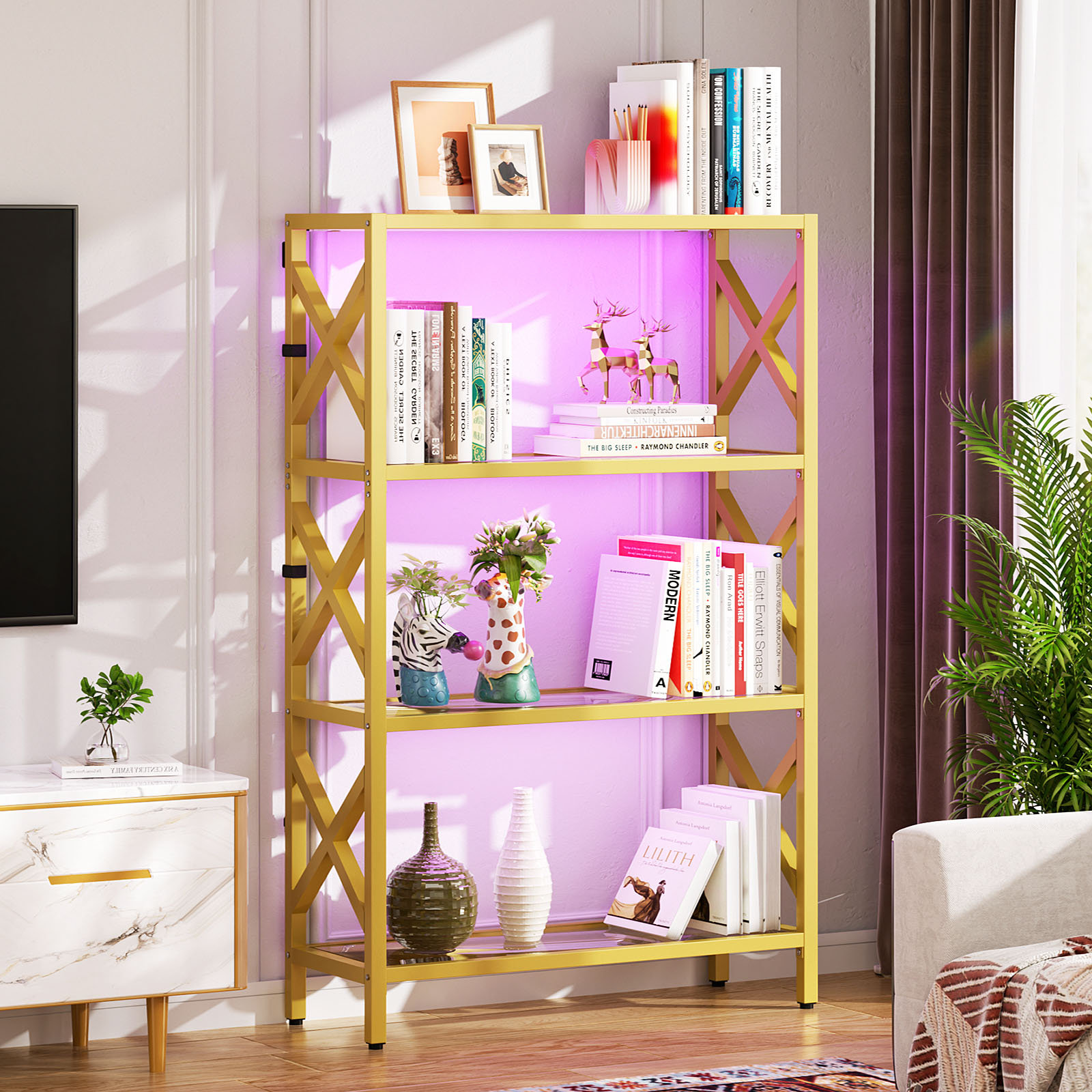 Wrought Studio Bookshelf with Tempered Glass Shelf and LED Light ...