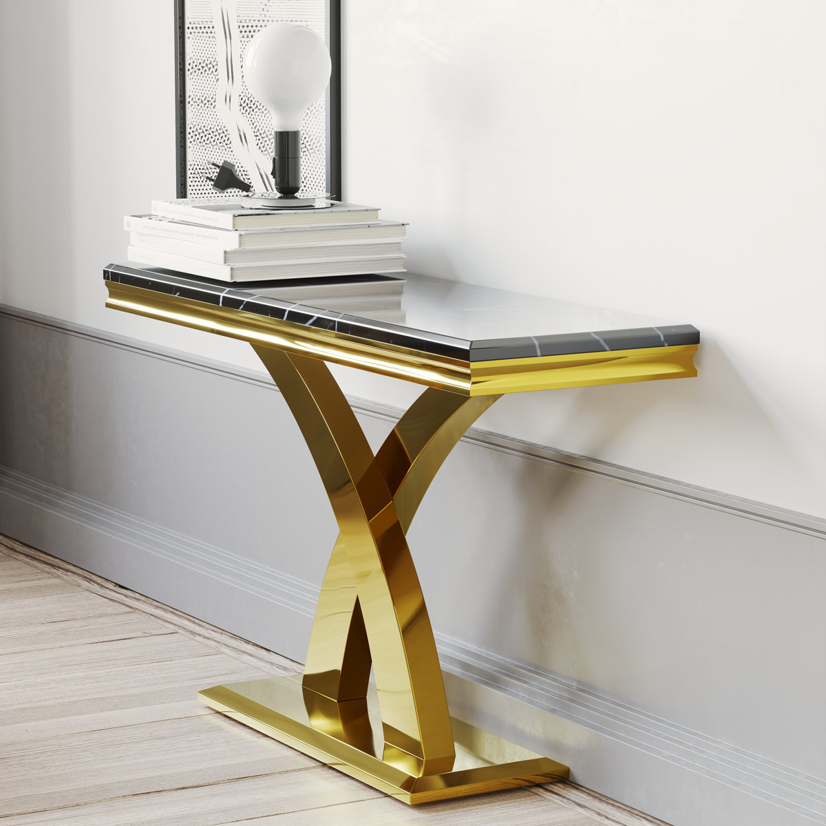 Everly Quinn Devendra 50'' Luxury Gold Console Tables with Rich Gold X ...