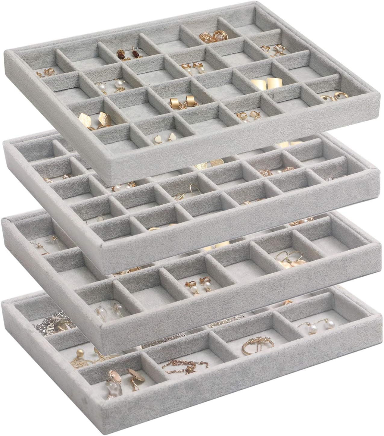Latitude Run® Set Of 4 Stackable Velvet Jewelry Trays Organizer,Grey ...