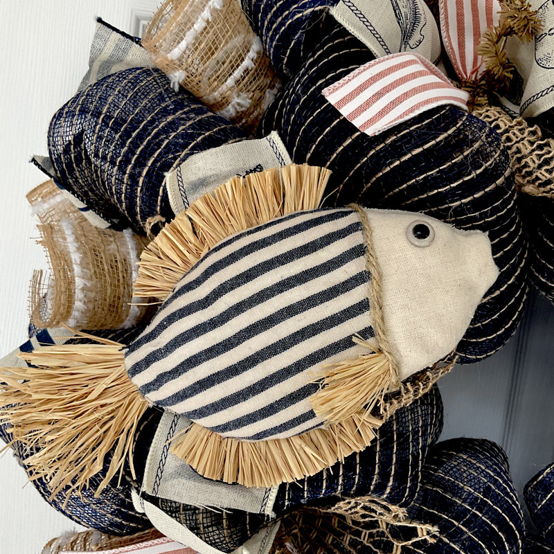 Longshore Tides Summer Coastal Wreath Blue and Burlap Striped Fish ...