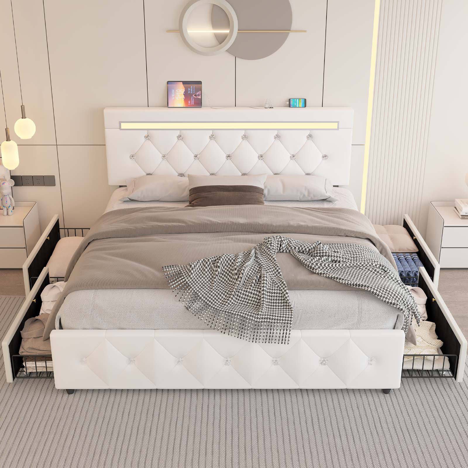 Wrought Studio™ Diamond Button Design Bed Frame with 4 Sliding Storage ...