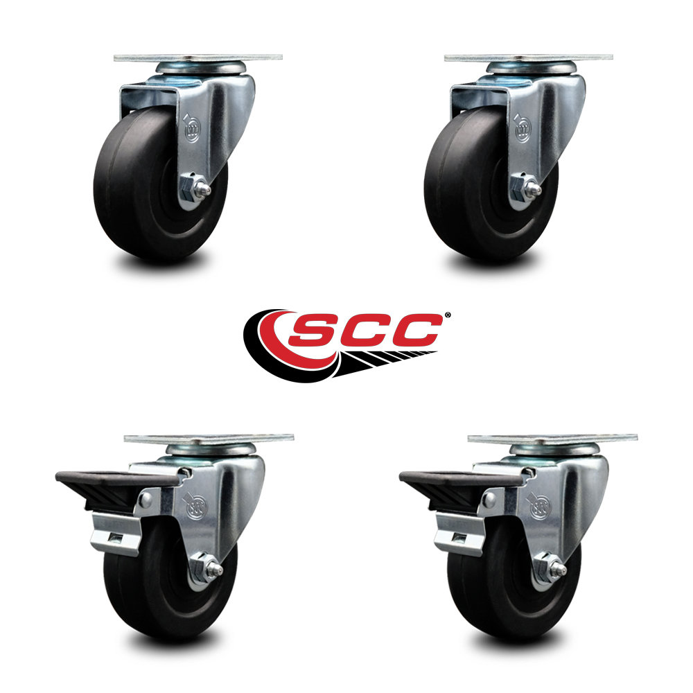 Service Caster 4 Piece Rubber Top Plate Caster Set with 2 Posi Brakes ...
