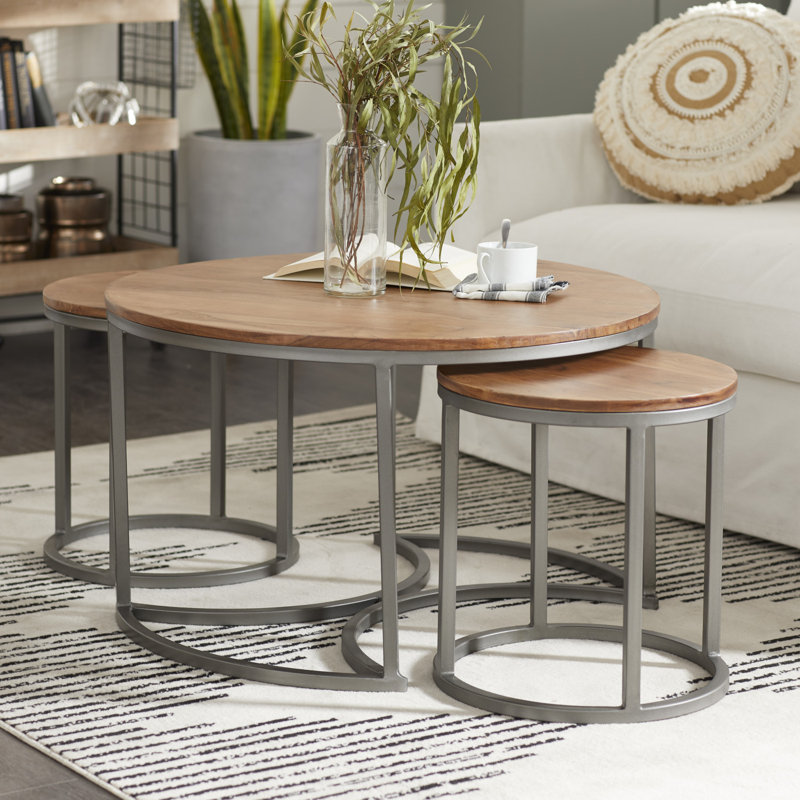 17 Stories Blakeslee Wood Nesting Brown Coffee Table with Gray Metal ...