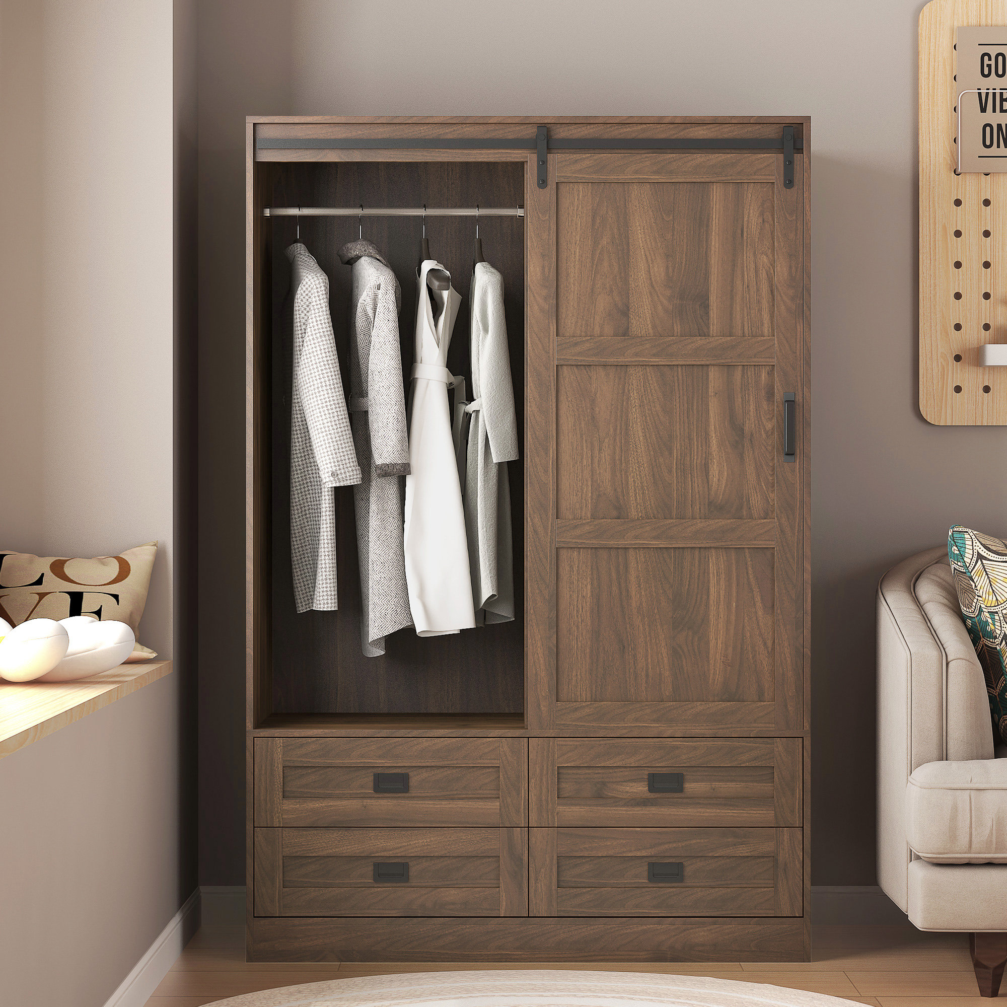 One Allium Way Tall Bedroom Armoire Wardrobe with Barn Door, Drawers ...