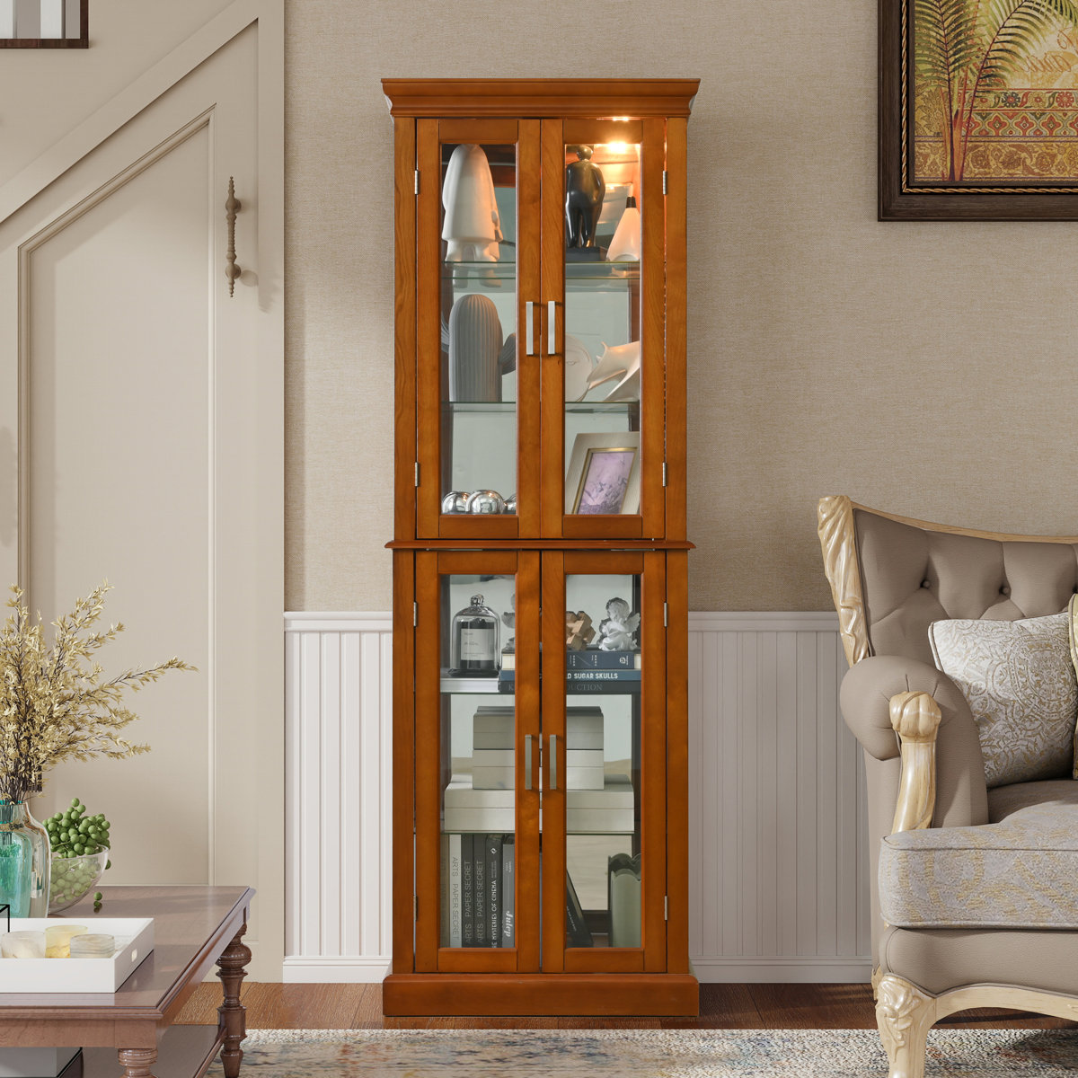 Winston Porter Light Walnut Color Curio Cabinet 6 Tier Lighted Curio ...